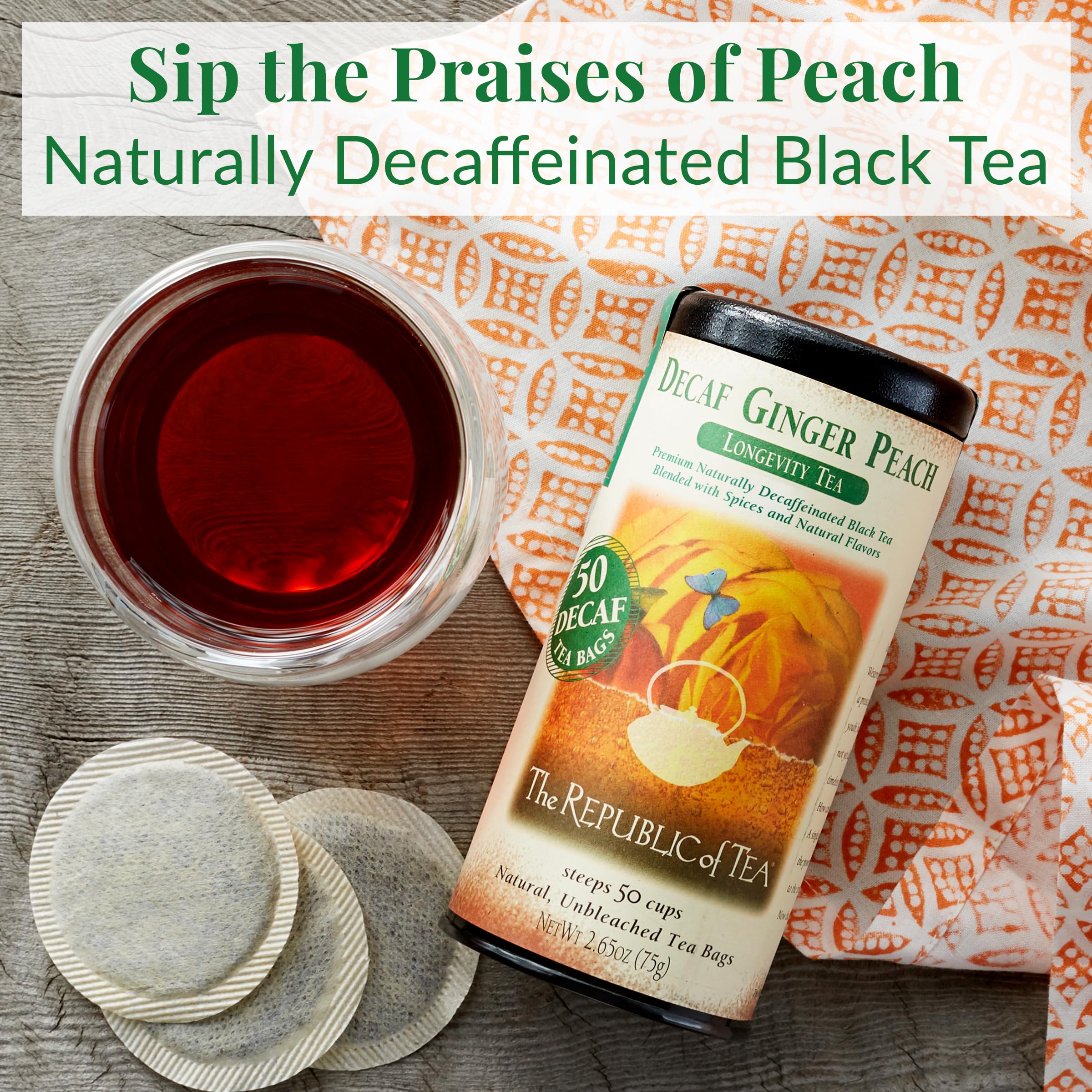 The Republic of Tea โ Decaf Ginger Peach Black Tea Tin, 50 Tea Bags, Environmentally- Friendly Decaffeinated Tea