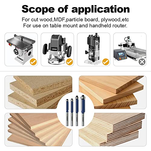 XDENGP 4Pcs Flush Trim Router Bits Set 1/4 Inch Shank, Bottom Bearing Flush Cut Trim Router Bit for Woodworking, Cutting Diameter: 1/4", 5/16", 3/8", 1/2"