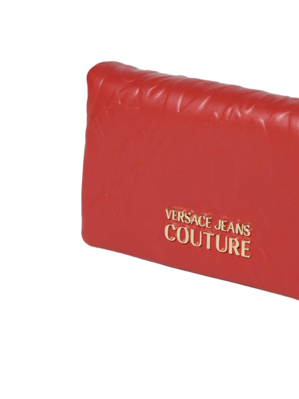VERSACE JEANS COUTURE Red bag with lettering logo All Over. Bag with chain handle and removable shoulder strap. Bag closure with front flap and hidden magnetic button, red