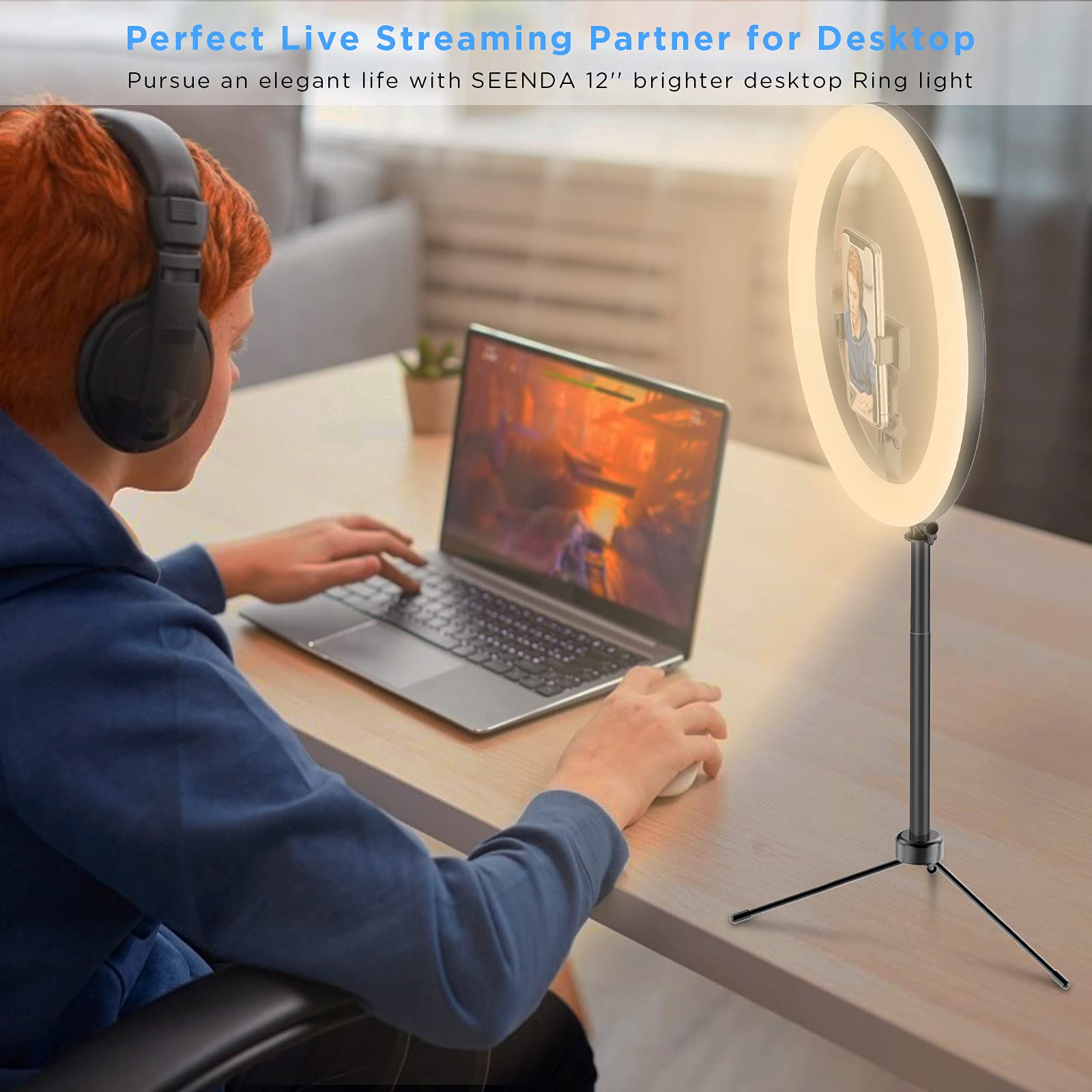SEENDA 12'' Selfie Ring with 30'' Tripod Stand and Phone Holder, 3000K-5600K Large Circle Light with Bluetooth Remote for Photography/YouTube Video/Self-Portrait Shooting/Live-Stream