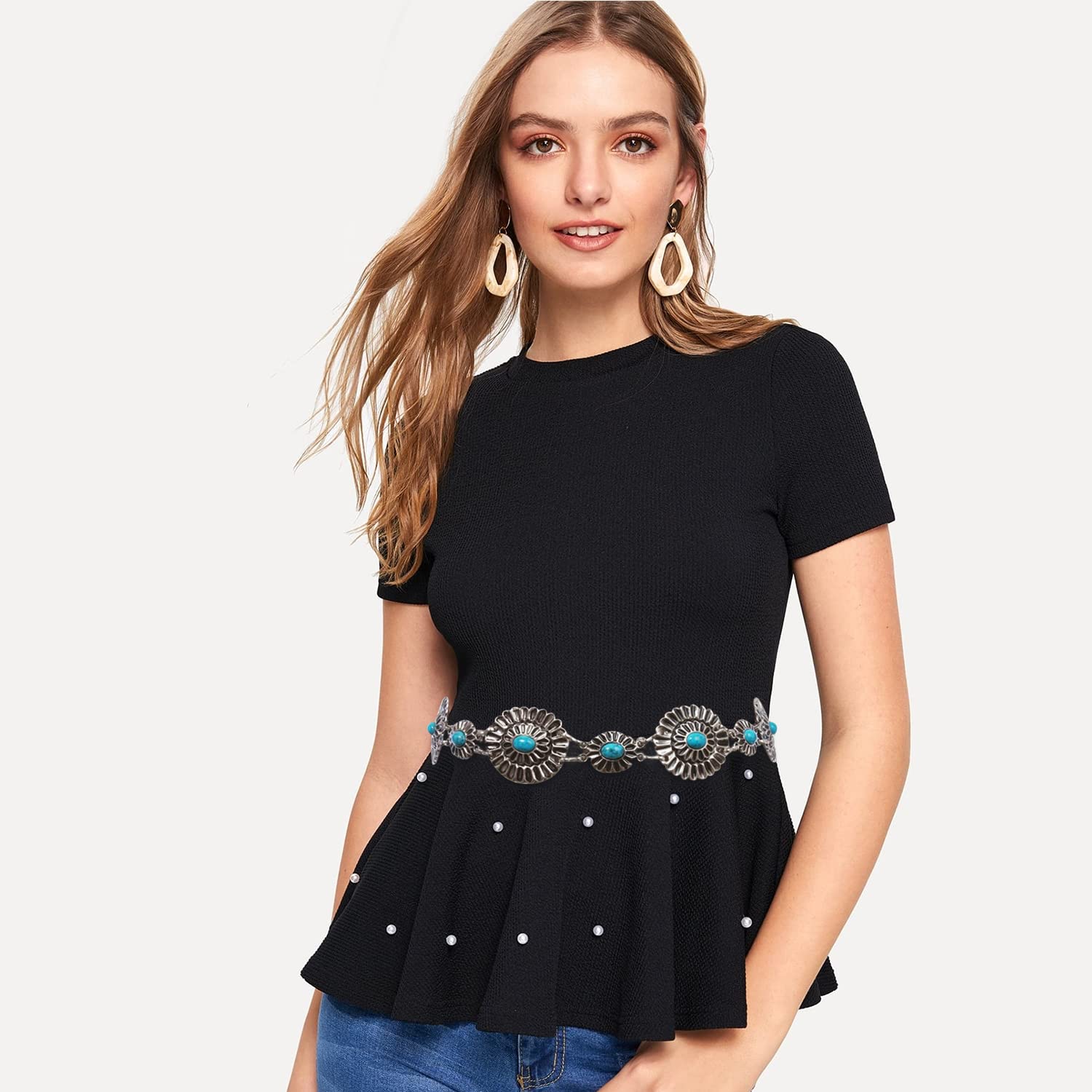 SZWSIUD Western Turquoise Concho Chain Belt for Women Adjustable Metal Waist Belts for Jeans Dresses -2 Pieces