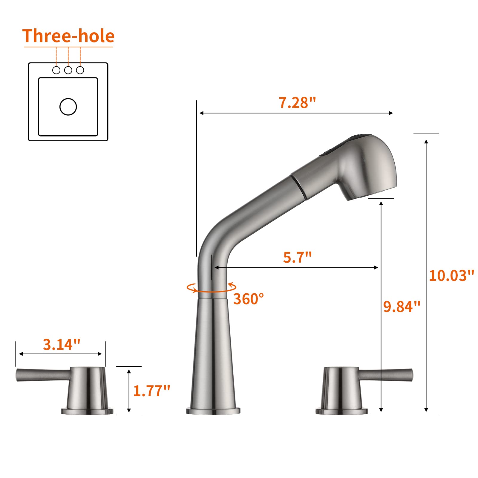 RULIA Kitchen Faucet, 2 Handles Kitchen Sink Faucet, 3 Holes Sink Faucet, Pull Out Kitchen Faucets, Bar Kitchen Faucet, Brushed Nickel, Stainless Steel, RB1060