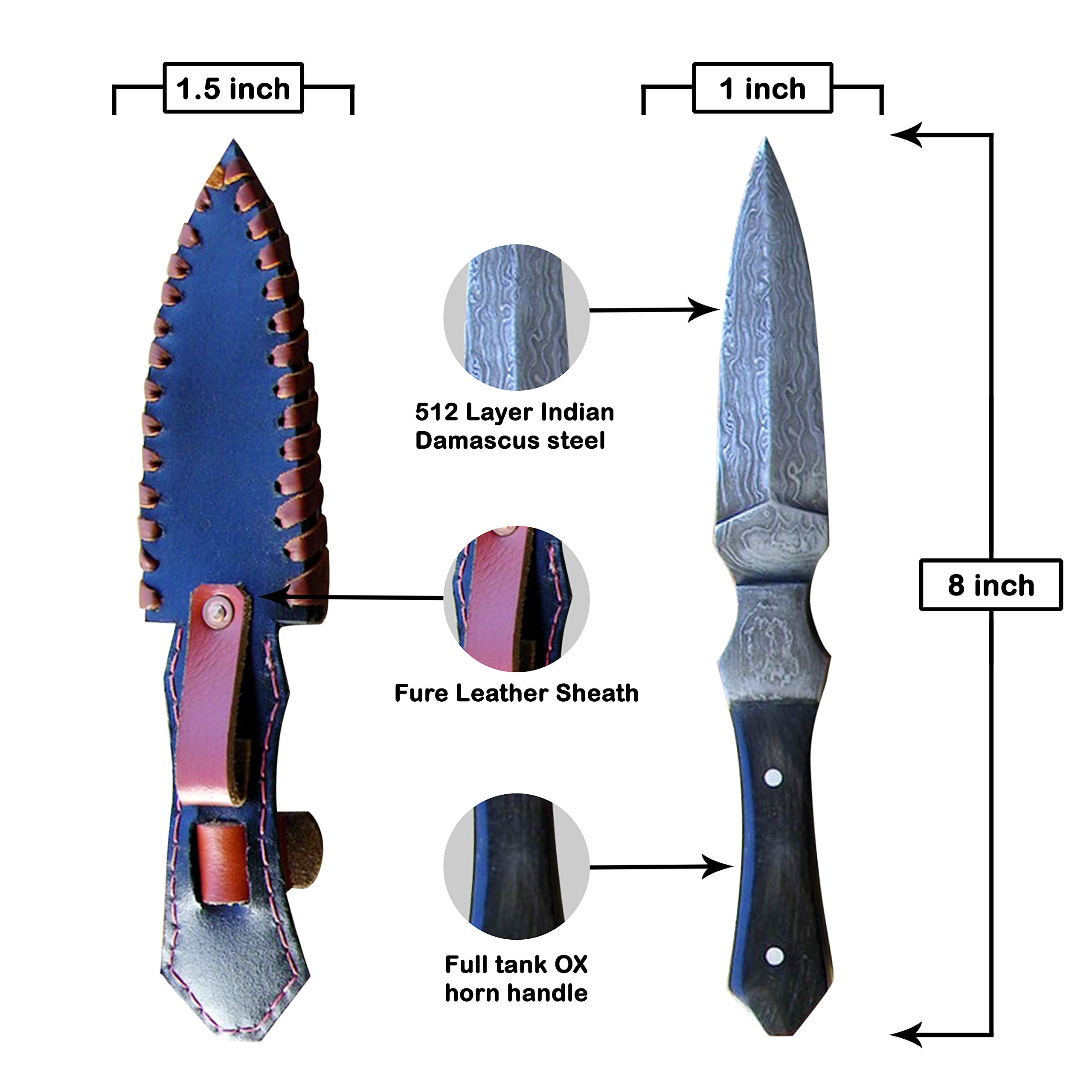 Stratuscrafts Handmade 8” Ankle Knife 512 layers Damascus Steel Boot knife Fixed Blade with Genuine leather sheath For Camping, Outdoor