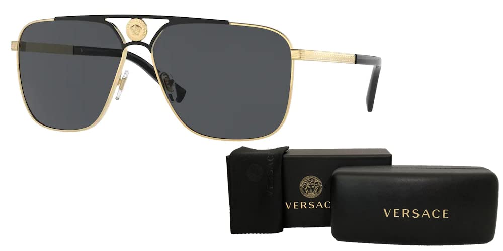 Versace VE2238 143687 61MM Gold/Matte Black/Dark Grey Rectangular Sunglasses for Men + BUNDLE With Designer iWear Eyewear Kit
