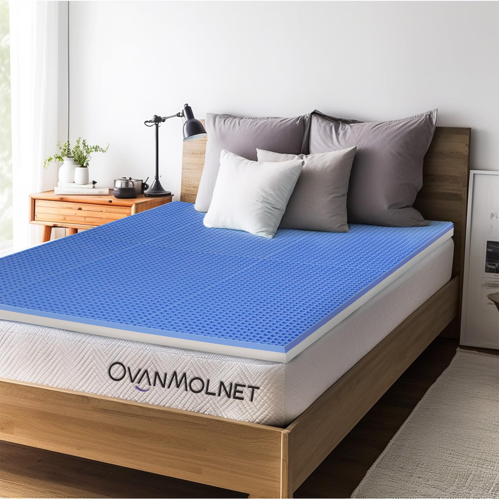 OvanMolnet 3 Inch Memory Foam Mattress Topper with Adaptive TPE Grid Layer Queen Size, Premium Supple Gel Memory Foam Pad with Removable Soft External Cover, High Density Breathable Bed Topper