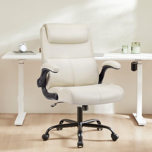 OLIXIS Executive Office Chair Ergonomic Mid Back with 360° Swivel Wheels, Computer Desk with Lumbar Support, Height Adjustable PU Leather with Flip-up Armrest, Beige White