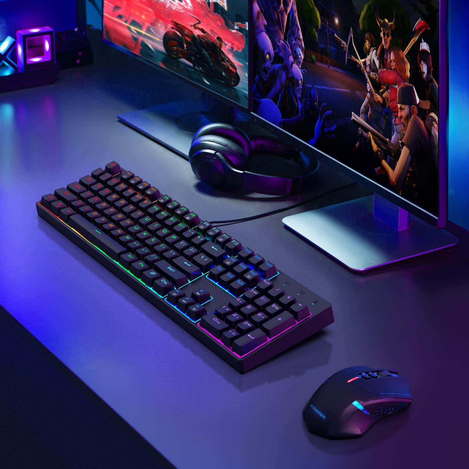 T-DAGGER Mechanical Gaming Keyboard β Rainbow Backlit USB Wired Keyboard with Blue Switches, 104Keys Full Size PC Keyboard for Windows Desktop Gamer