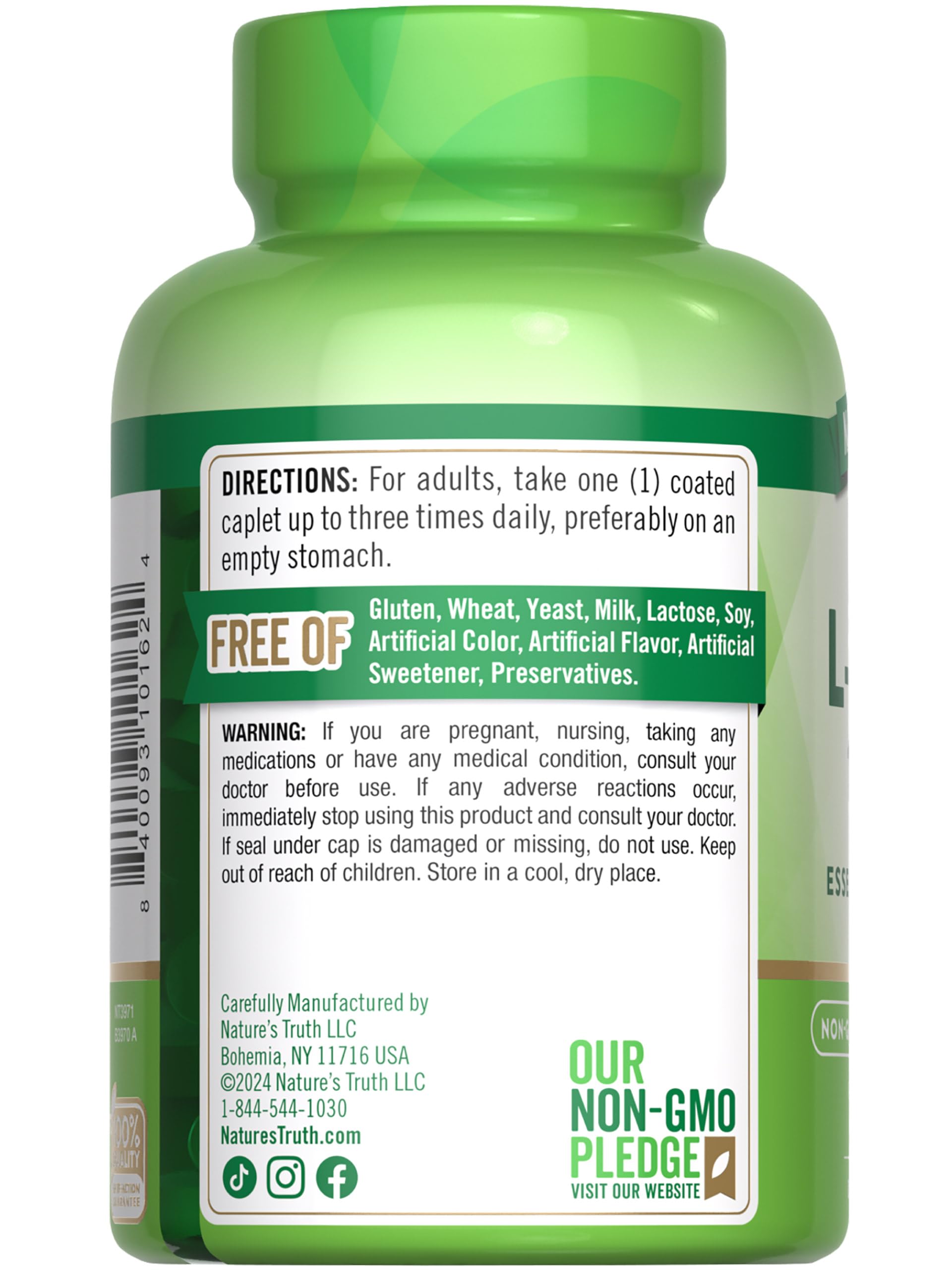 Nature's Truth L Lysine 1000mg | 100 Coated Caplets | Free Form | Vegetarian, Non-GMO, & Gluten Free Supplement