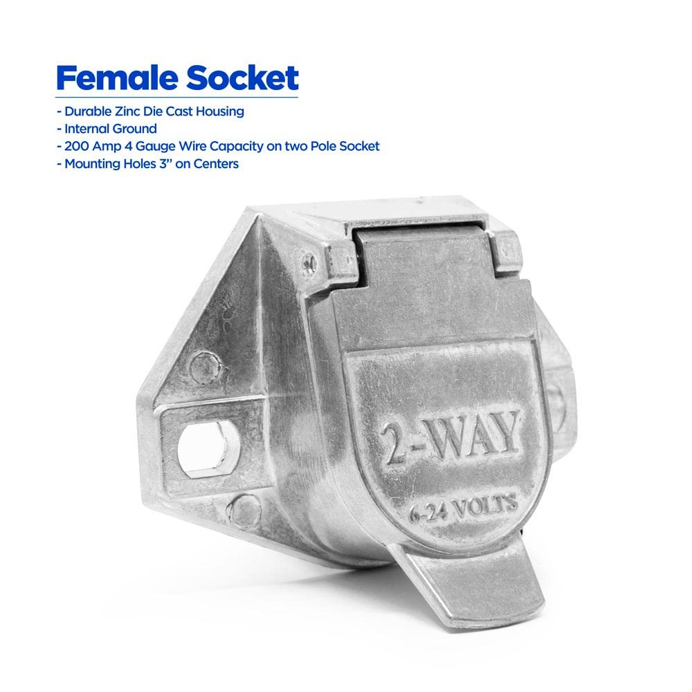 Pro Trucking Products 2 Way Wiring Connector Plug with Spring Guard, 200 Amp Capacity, 4 Gauge Cable and 2 Way Wiring Connector Socket, 200 Amp Capacity, 4 Gauge Cable