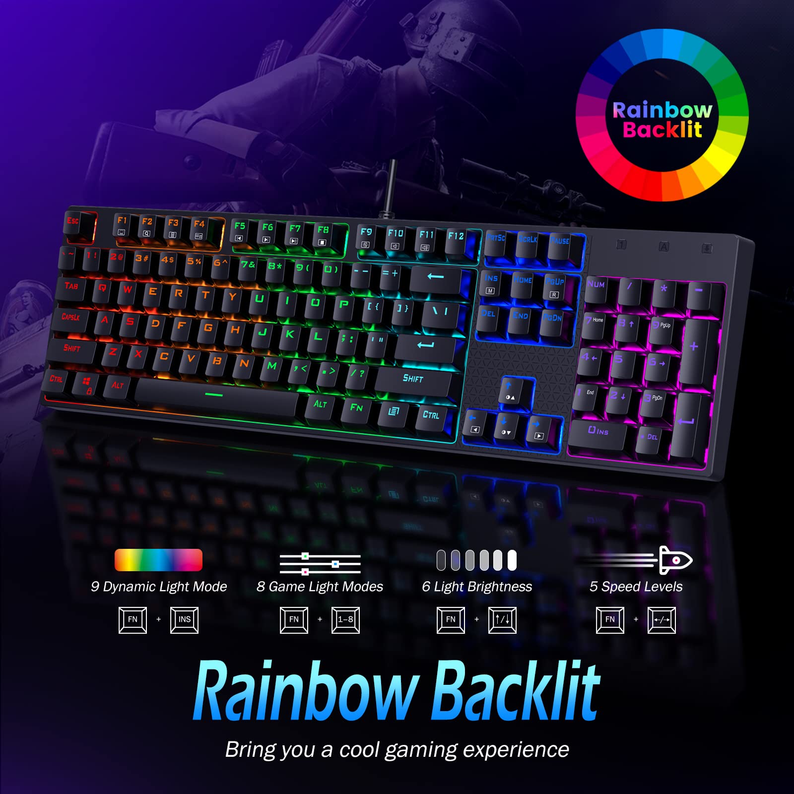 T-DAGGER Mechanical Gaming Keyboard – Rainbow Backlit USB Wired Keyboard with Blue Switches, 104Keys Full Size PC Keyboard for Windows Desktop Gamer