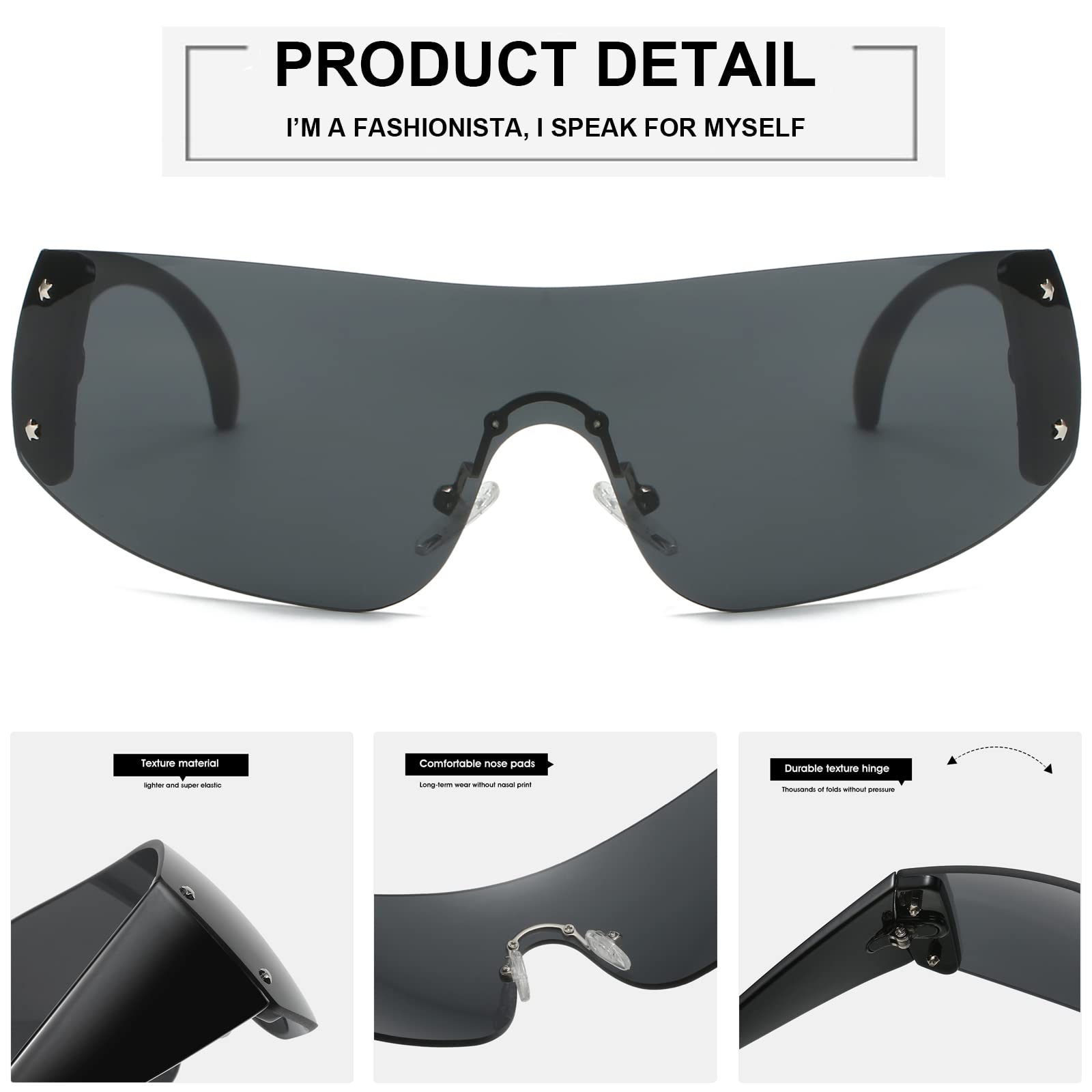 Trendy Rimless Y2K Sunglasses for Women Men,Mirror Shield Wrap Around Sunglasses Oversized Fashion Frameless Sun Glasses (Black/Black)