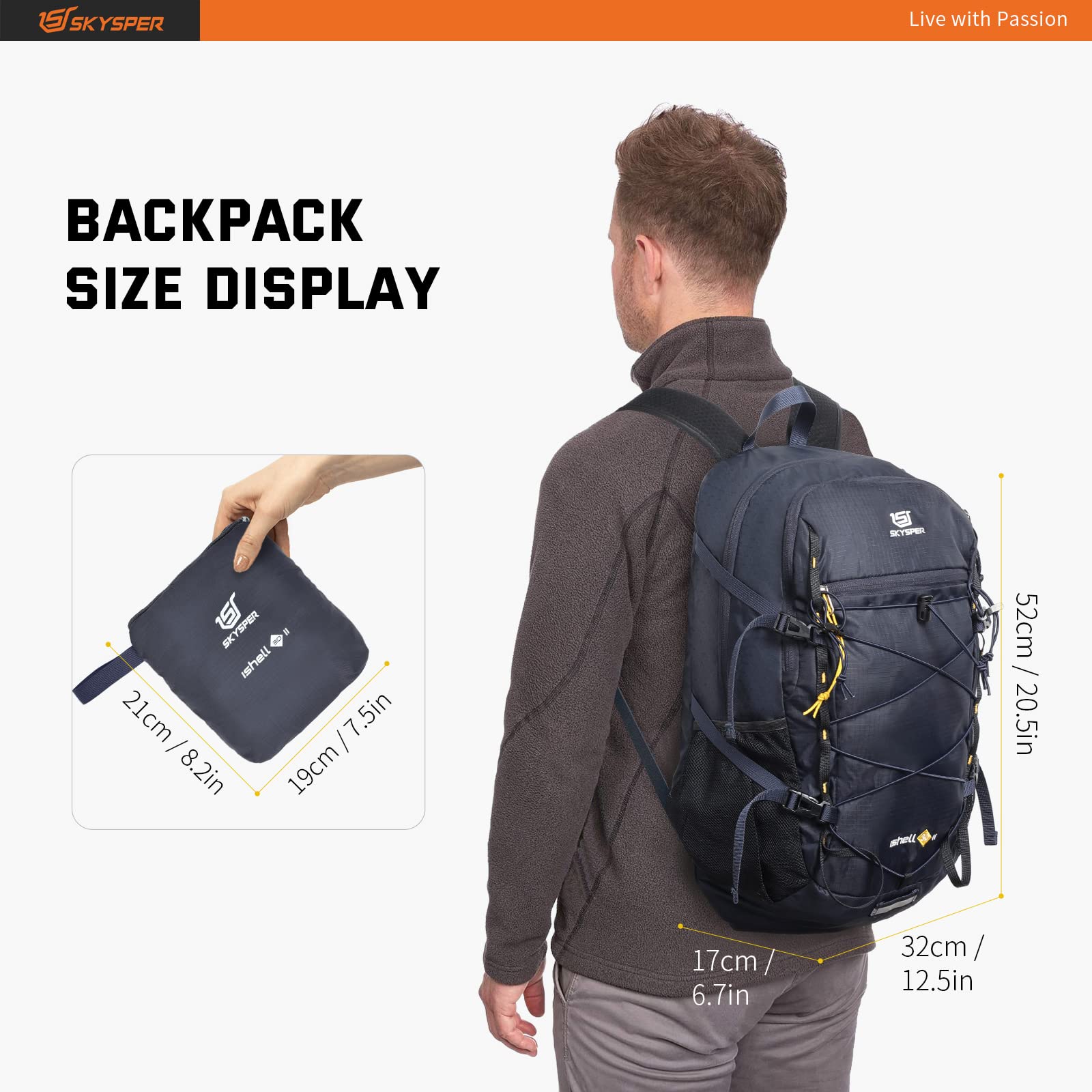 SKYSPER Packable Hiking Backpack 30L Lightweight Daypack Travel Backpacks for Women Men(Blue)