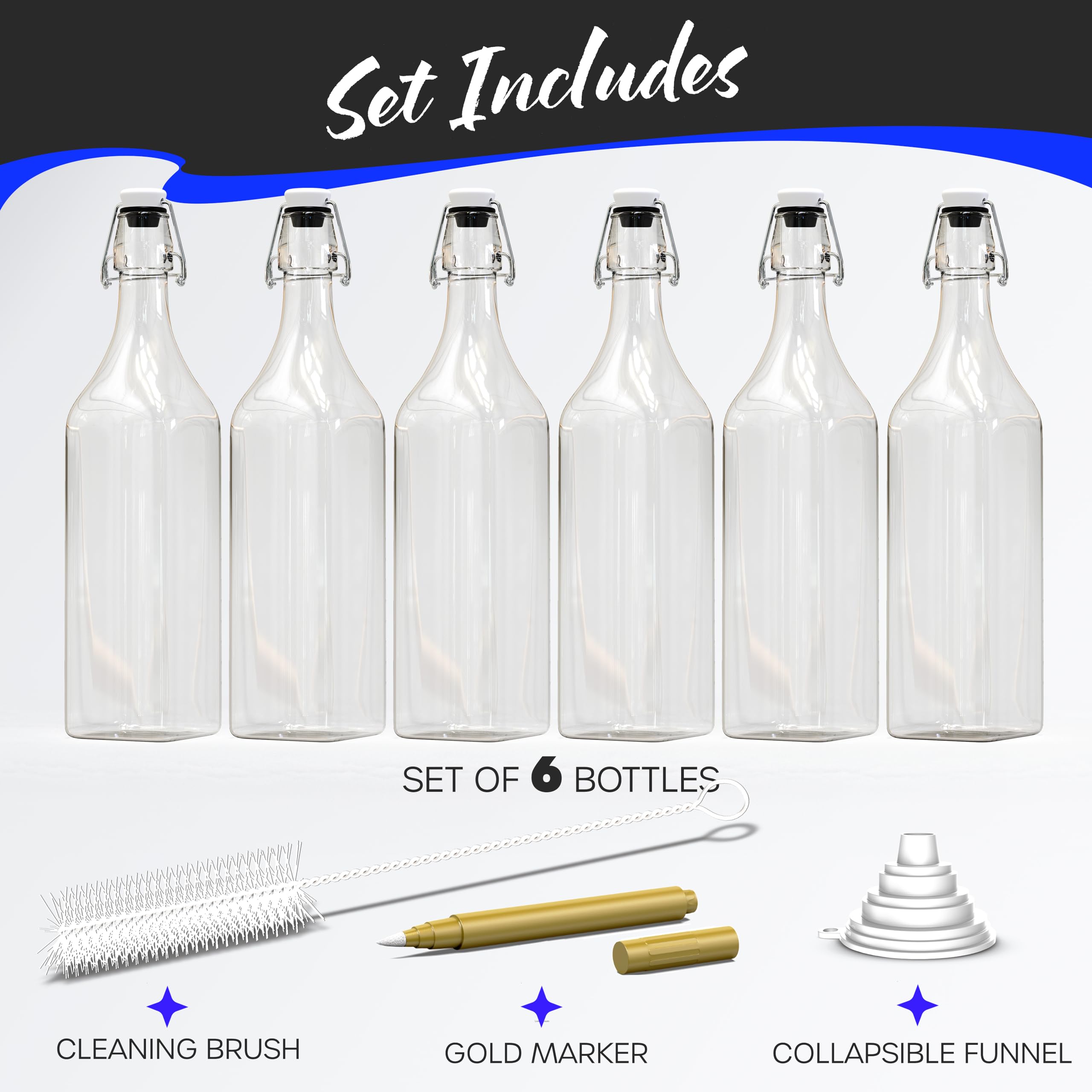 Nevlers 33 Oz Square Swing Top Glass Bottles with Lids for Juicing | Limoncello Bottles | 6 Pack Glass Airtight Bottle | Flip Top Glass Bottle With Stopper | Mead & Beer Brewing Bottles with Caps