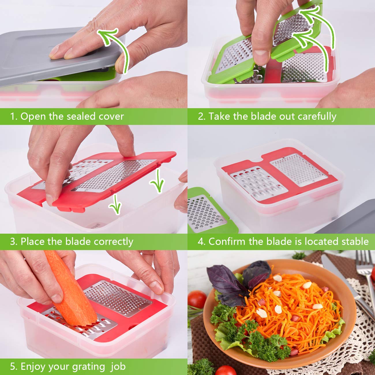 Nurch Cheese Grater with Container 4 in 1 Box Grater with Stainless Steel Blades Cheese Vegetable Slicer for Carrot Potato Easy to Use…