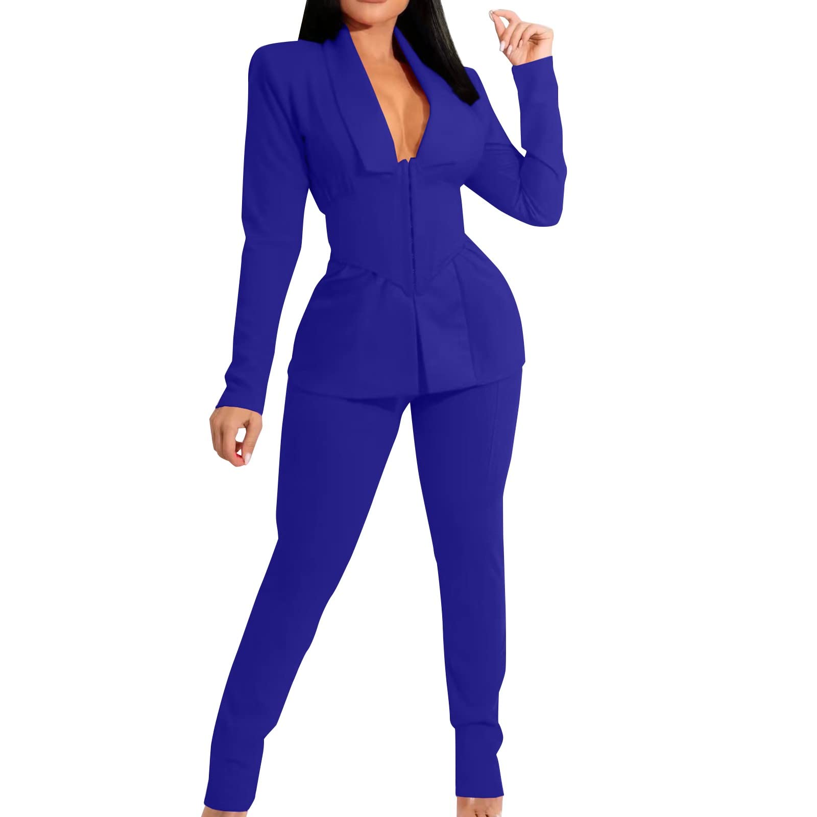 Two Piece Pant Women's Two Piece Lapels Suit Set Office Business Long Sleeve Formal Jacket Pant Suit Slim Two Tone Suit Blue
