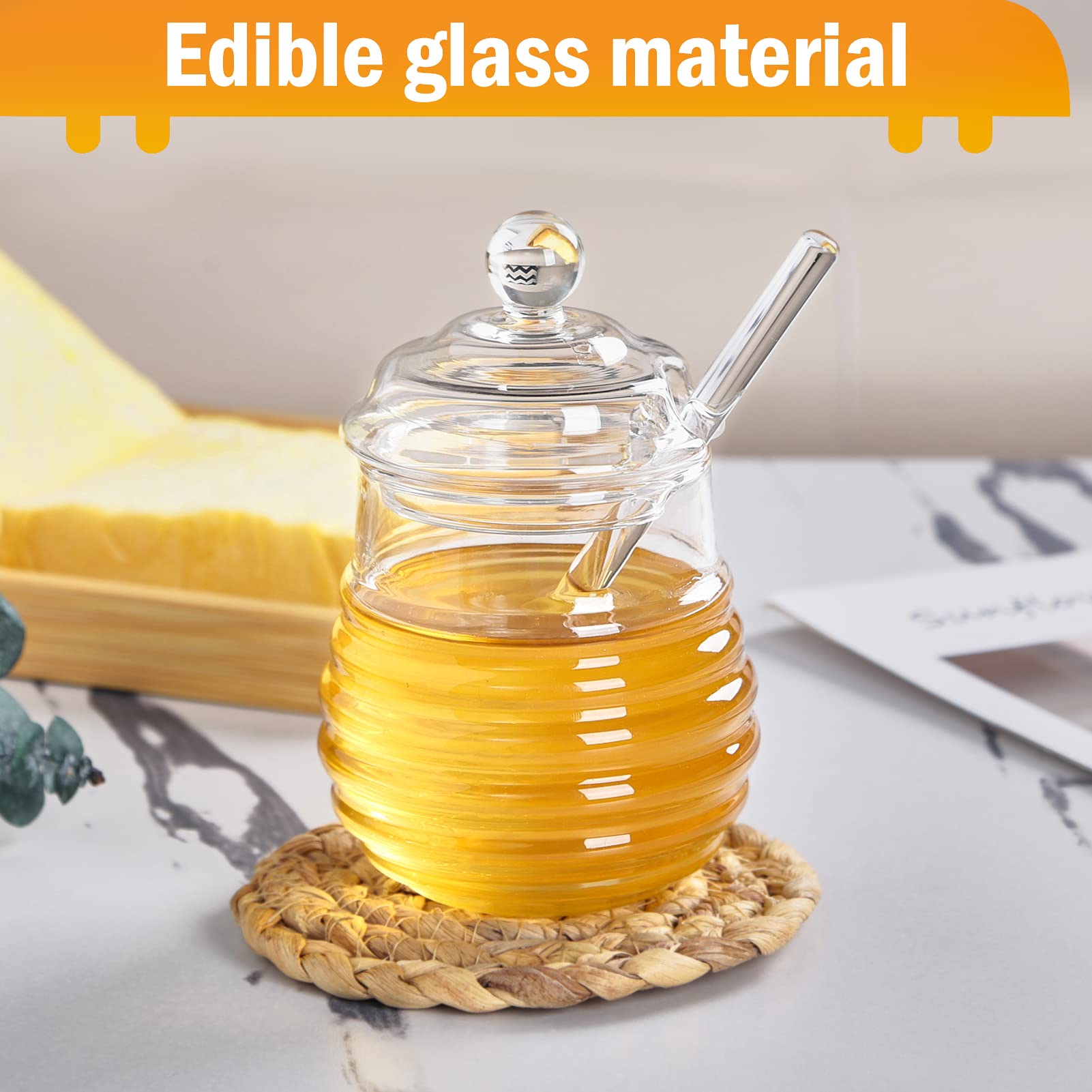 SlZKADY Honey Jar with Dipper and Lid,Glass Honey Pot Container Dispenser,Clear Glass Honey Container for Home Kitchen,Store Honey and Syrup,Easy to Clean