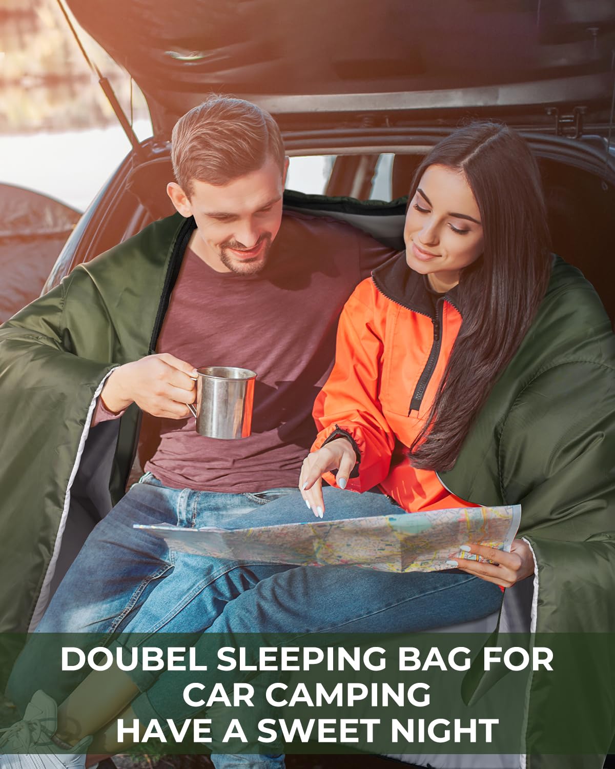 Ohuhu Double Sleeping Bag with 2 Pillows, Waterproof Lightweight 2 Person Adults Sleeping Bag for Camping, Backpacking, Hiking, with Carrying Bag (Green)