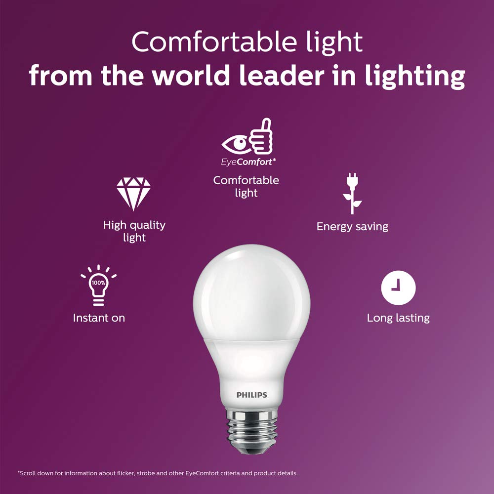 Philips LED Dimmable A19 Soft White Light Bulb with Warm Glow Effect 480-Lumen, 2700-2200-Kelvin, 6-Watt (40-Watt Equivalent), E26 Base, Clear, 4-Pack