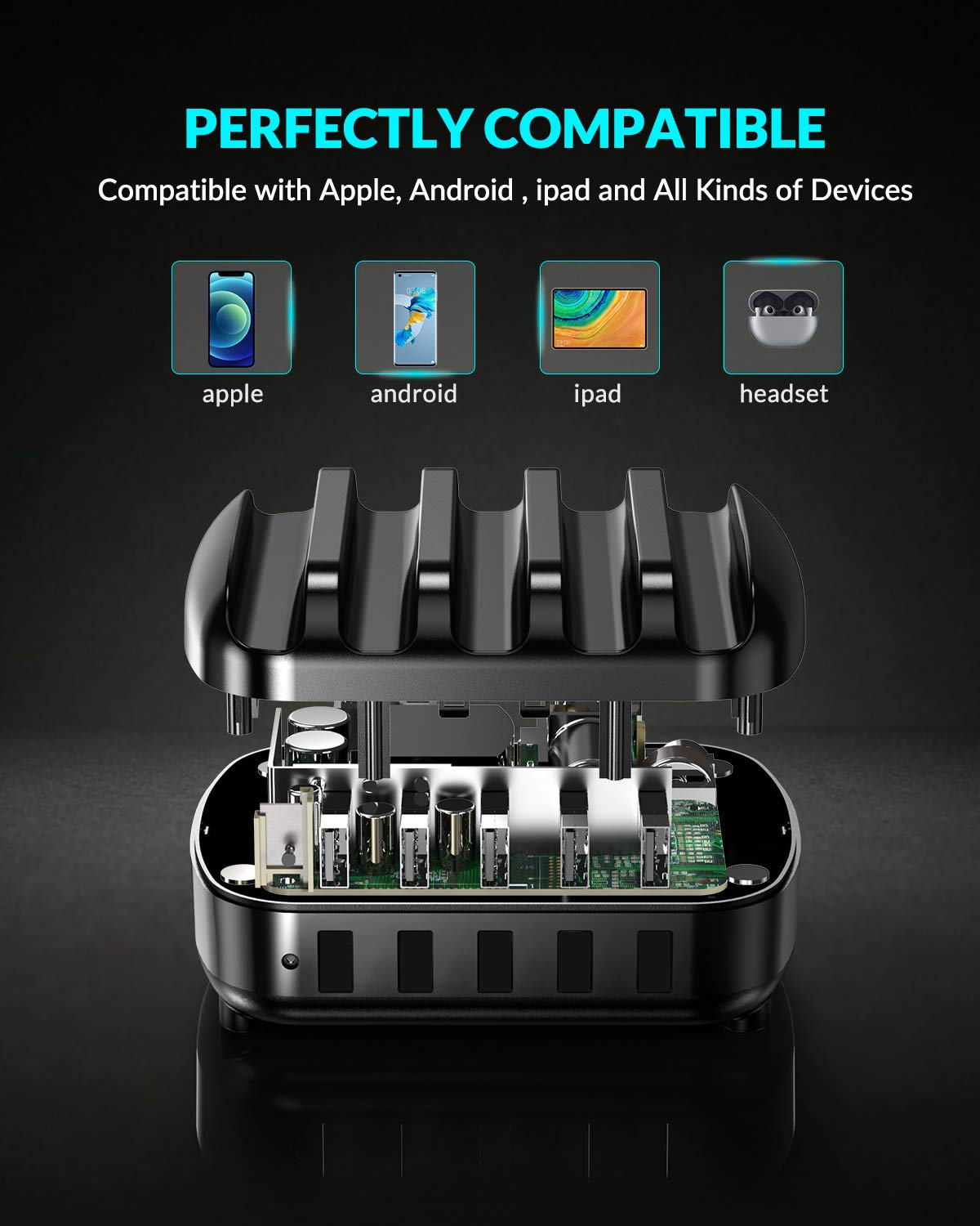 ORICO USB Charging Station 5-Port Fast Charging Dock for Multiple Devices, Smart Charger Organizer with 5 Short Charger Cables Compatible for Apple iPad iPhone Android (5 Charging Cables Included)