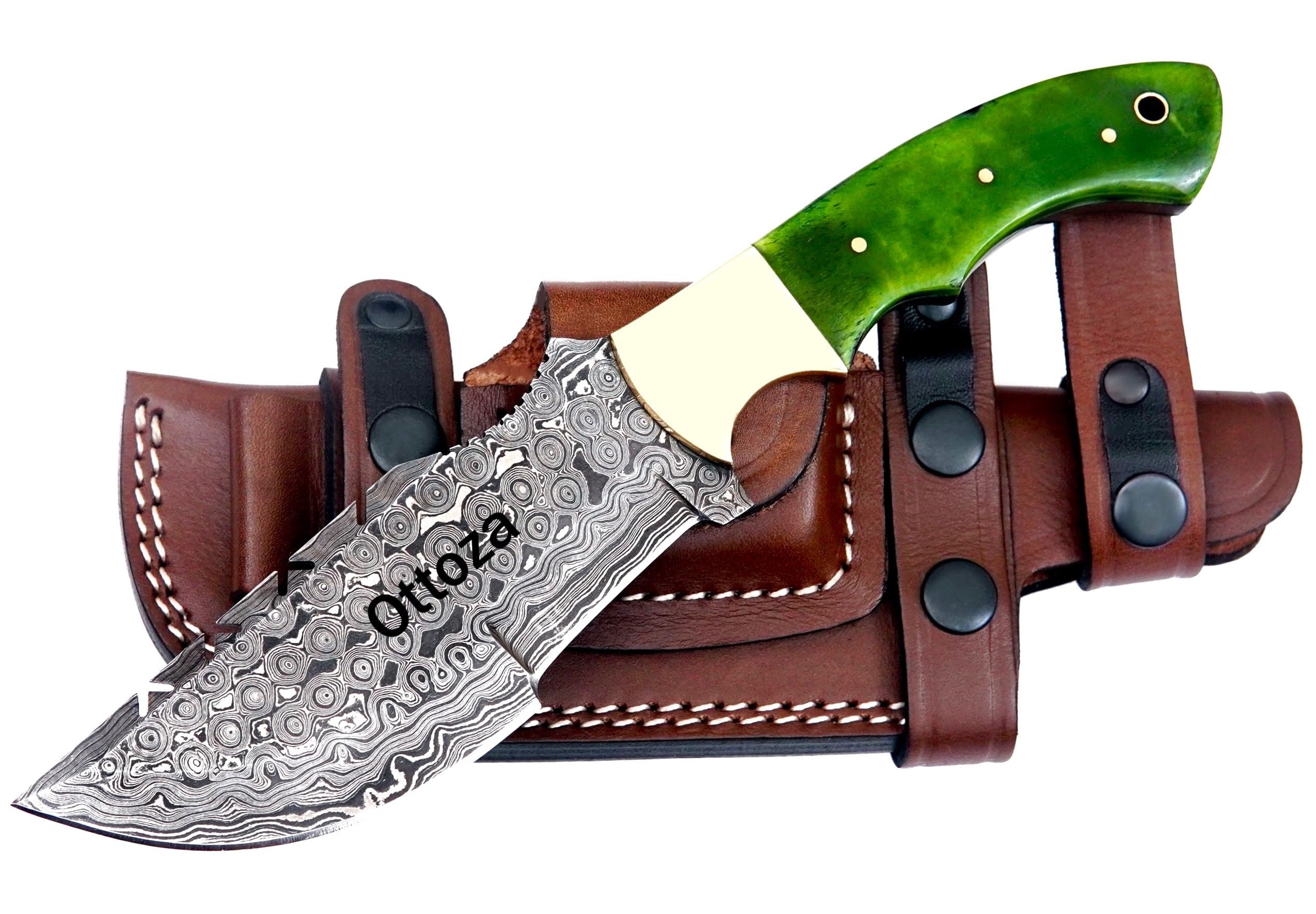 Ottoza Tracker Knife & Bone Handle - Damascus Hunting Knife - Horizontal Carry Knife Sheath 196