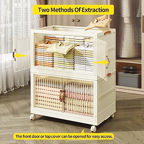 pupustar Storage Bins with Lids and Doors, Plastic Stackable Storage Bins Open Front, Foldable Storage Boxes for Organizing, Collapsible Storage Bins with Wheels, Opening Storage Boxes Set