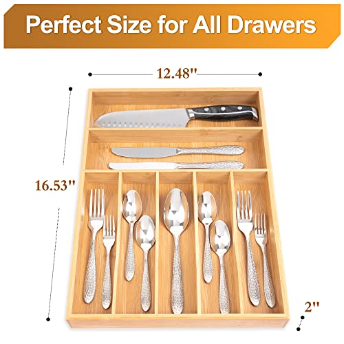 oridom Silverware Organizer for Drawer Sturdy Construction Utensil Organizer for Kitchen Drawers Large Capacity Bamboo Cutlery Organizer in Drawer with Non-Slip Feet Natural