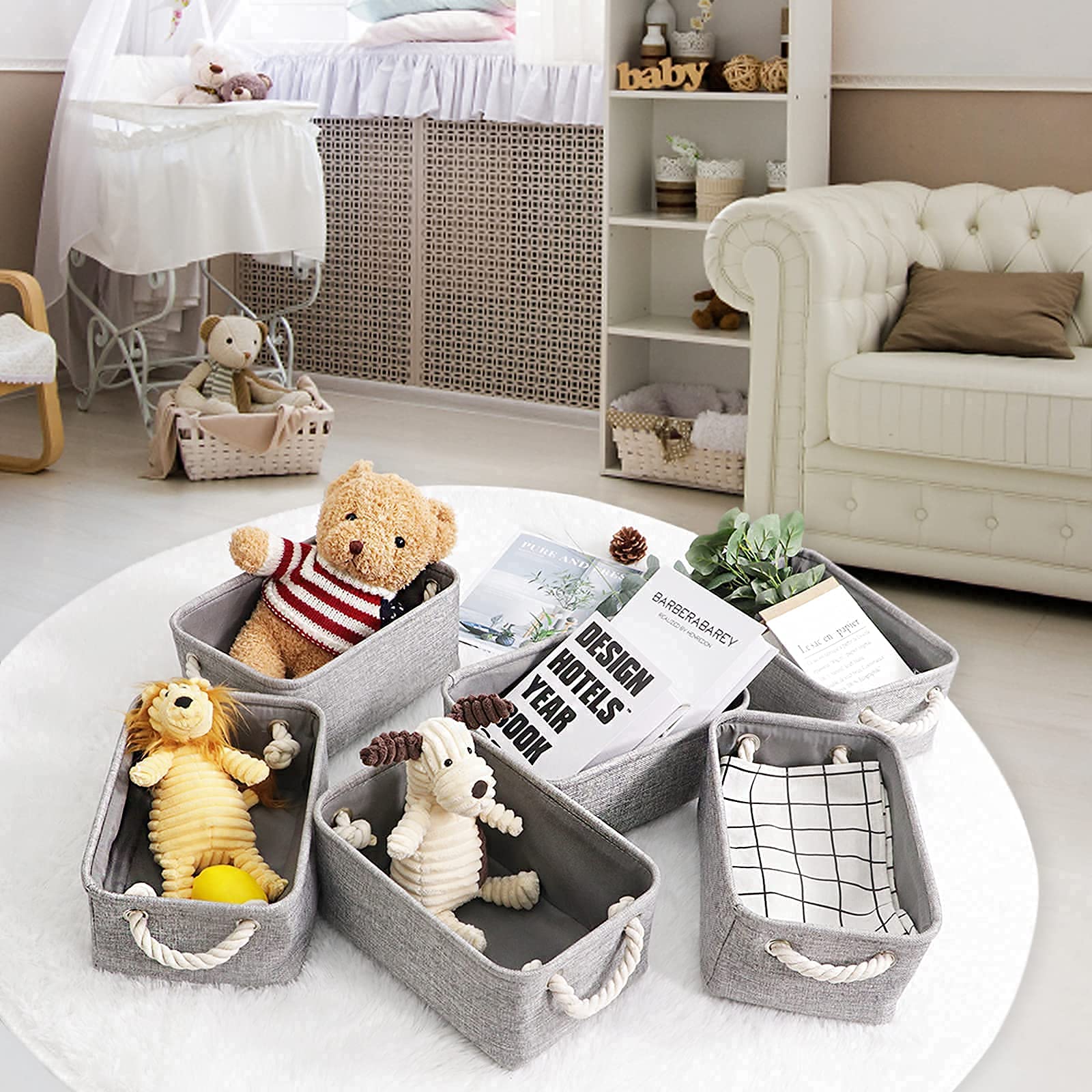 Small Baskets for Shelves(6pack) Fabric Storage Baskets, Empty Gift Baskets with Rope Handles, Decorative Foldable Storage Baskets for Organizing Home Closet & Office (Gray, 11.8β x 7.8β x 5.1β)