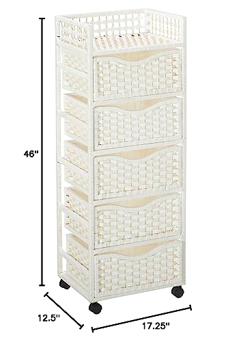 Oriental Furniture 46" Natural Fiber Chest of Drawers on Wheels - White
