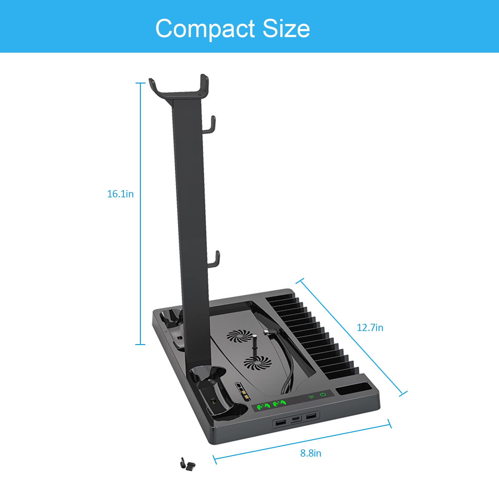 Vertical Cooling Fan Stand for PS5 Console, Digital Editions Dual Controllers Charger, 2 Silent Cooling Fans, Retractable Game Storage Slots, for Playstation 5