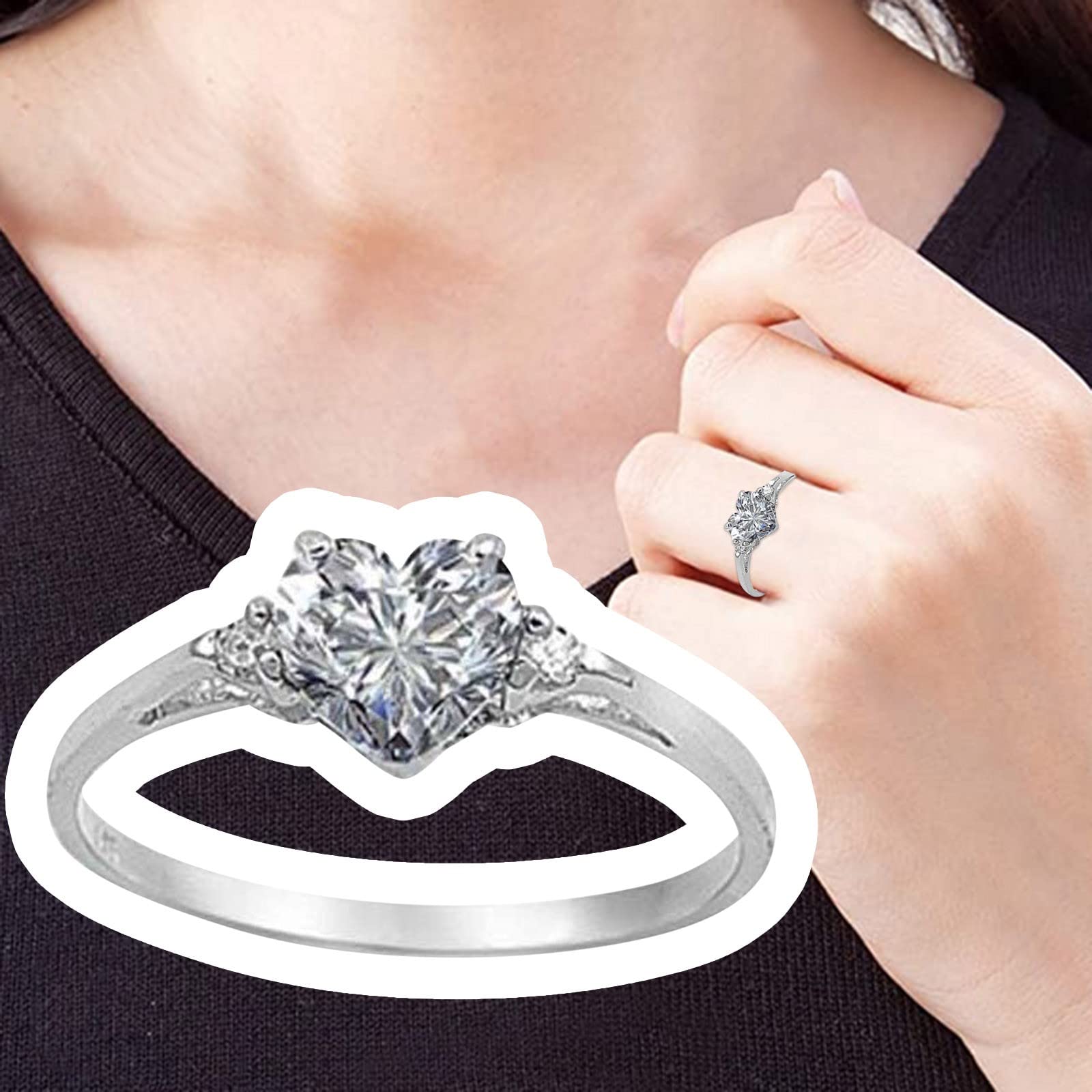 Sterling Silver Simulated Heart Shaped Diamond Engagement Ring with Promise Bridal Ring Fruit Rings (White, 8)