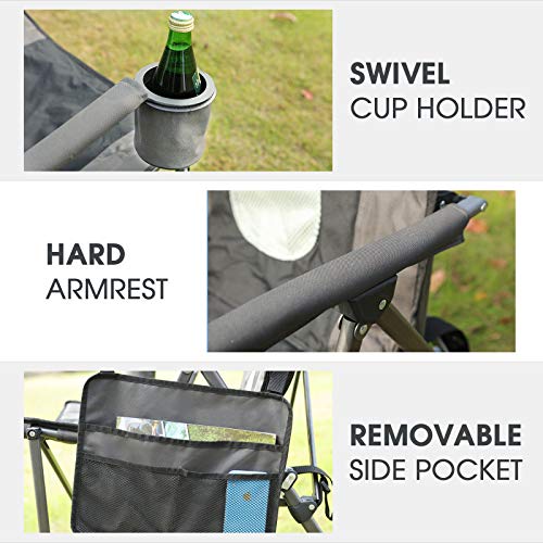 PORTAL Oversized Folding High Back Lawn Chairs Portable for Adults Outside Hard Armrest Cup Holder Carrying Strap for Camp Soccer Sports, Supports 400LBS, Black