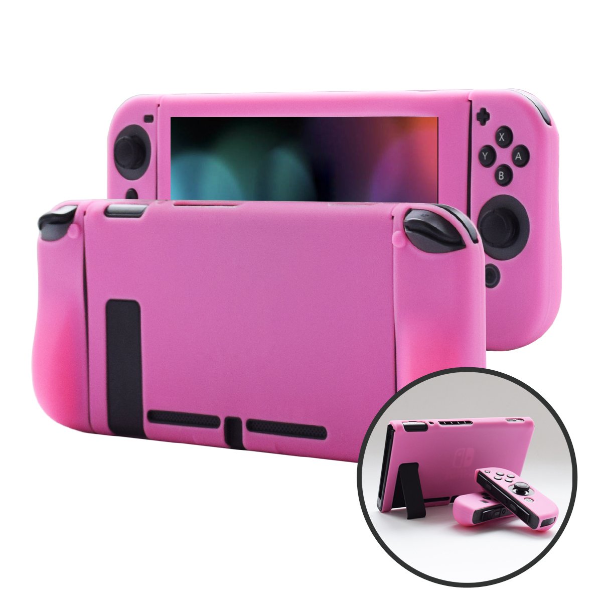 Pandaren Cover Skin Compatible for Nintendo Switch Consoles and Joycon 3in1 Silicone Case with Larger Hand Grip Protector(Pink)(Not for Switch OLED 2021 Model)