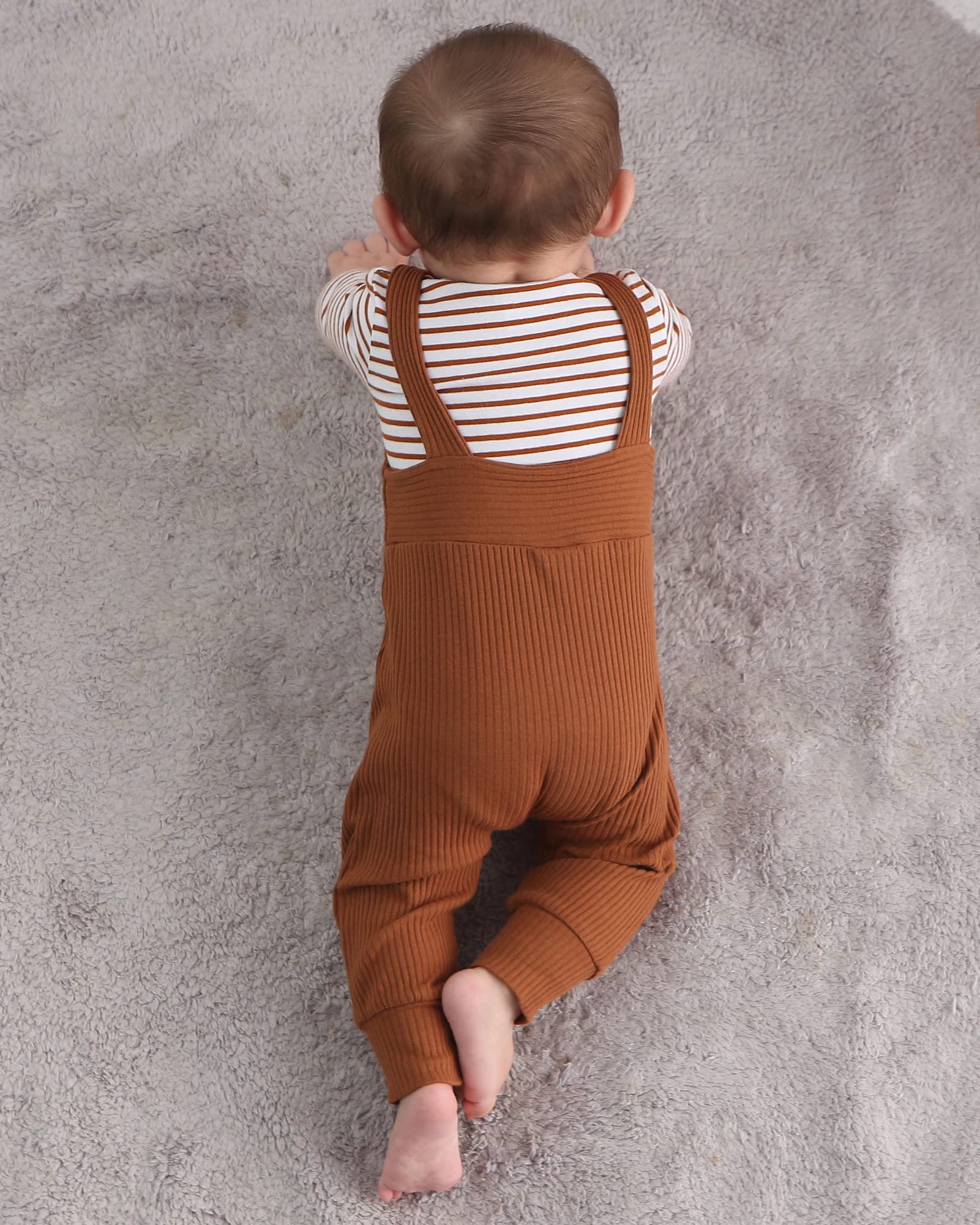 YUEMION Baby Boy Clothes 3 6 Months Newborn Infant Boy Outfits 2Pcs Stripe Top Romper Pants Set Overalls Toddler Boy Clothes(Brown, 3-6 Months)
