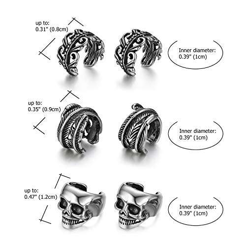 OIDEA 3pairs Stainless Steel Handmade Non-Piercing Earring Cuffs,Clip on Cartilage Piercing Earrings,Skull, Feather Charm for Halloween Cosplay