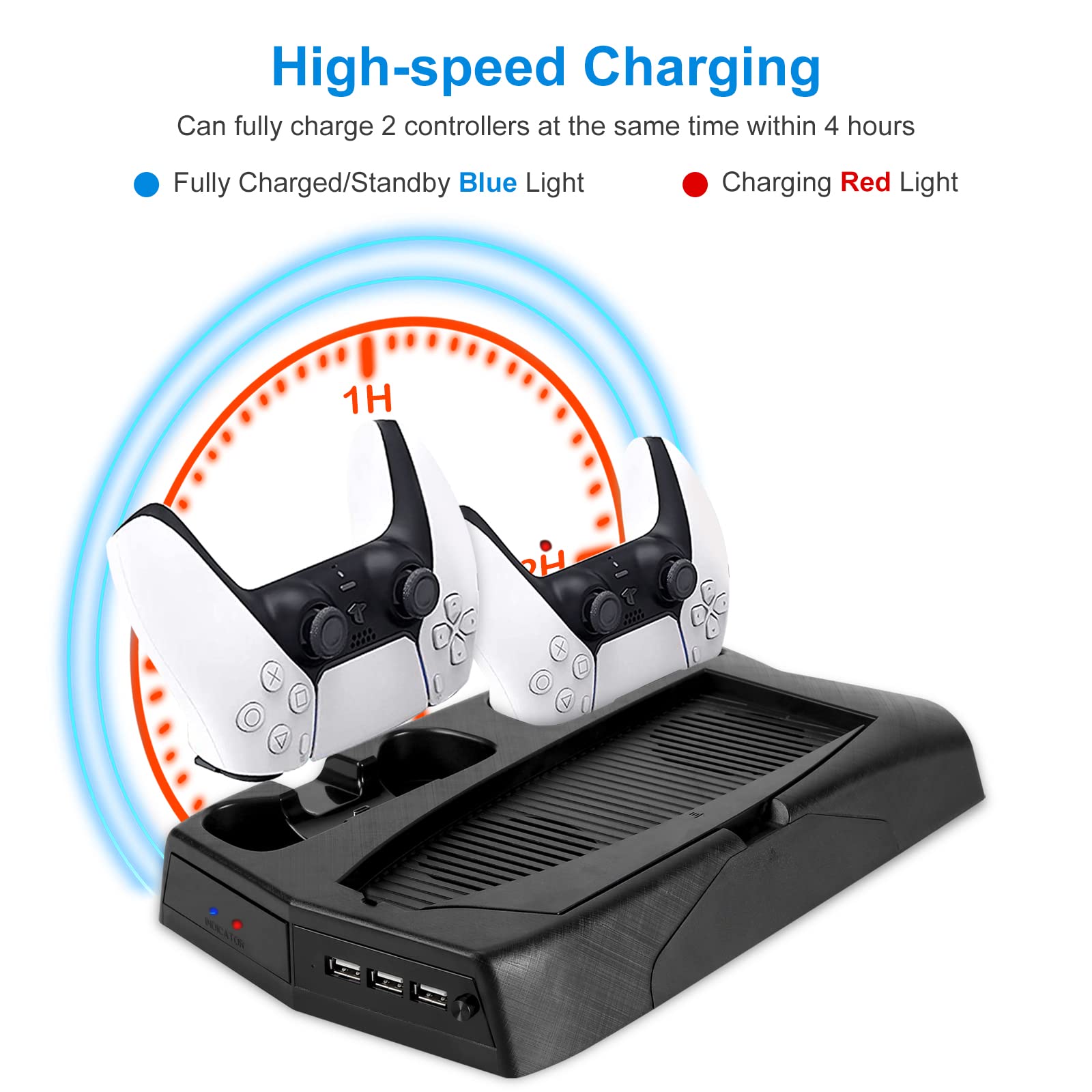 Vertical Stand for Playstation 5 with Cooling Fan Charing Station for PS5 Digital Edition/PS5 Ultra HD,Multi-Function Charger Station with 2 Controller Charging Docks