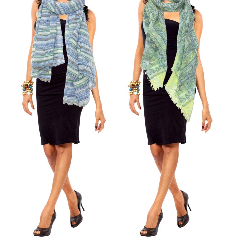 Scarf Set for Women – Set/2 Scarves - Large Lightweight for Wrap or Shawls for any Season - Green and Blue Designs