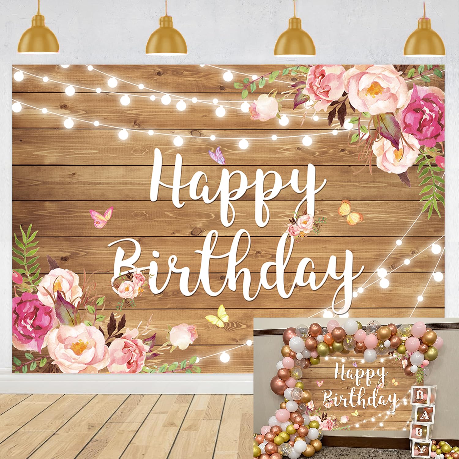Rustic Wood Floral Birthday Backdrop Spring Flower Wood Glitter Happy Birthday Photography Background for Women Photo Booth Props Kids Adult Birthday Wedding Party Cake Table Decoration