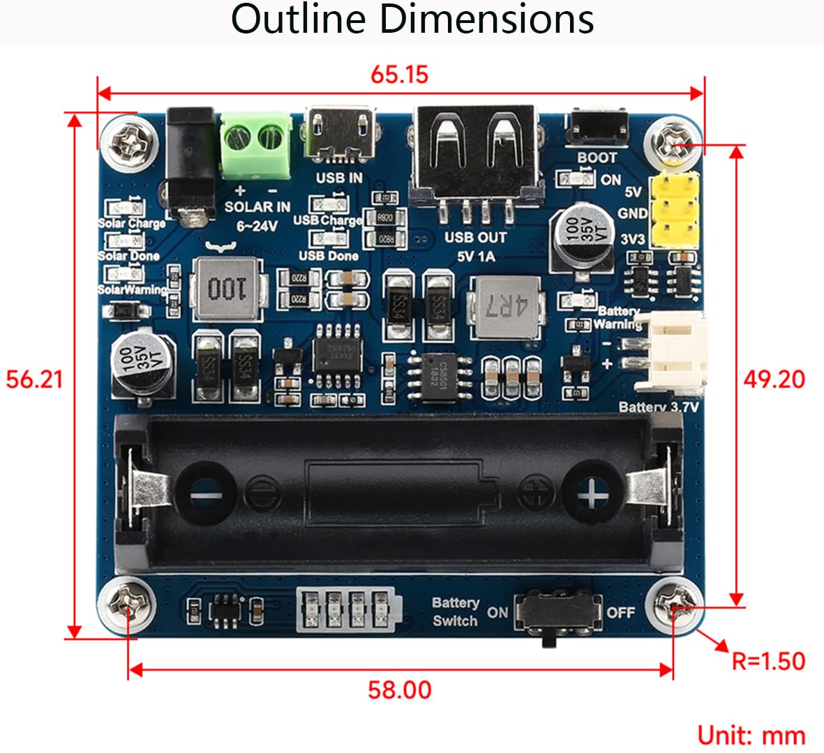 Recharged Solar Power Management Module for 6V~24V Solar Panel, Support Solar Panels, Or USB Power Adapter Battery Charging, 5V/1A or 3.3V/1A Regulated Output