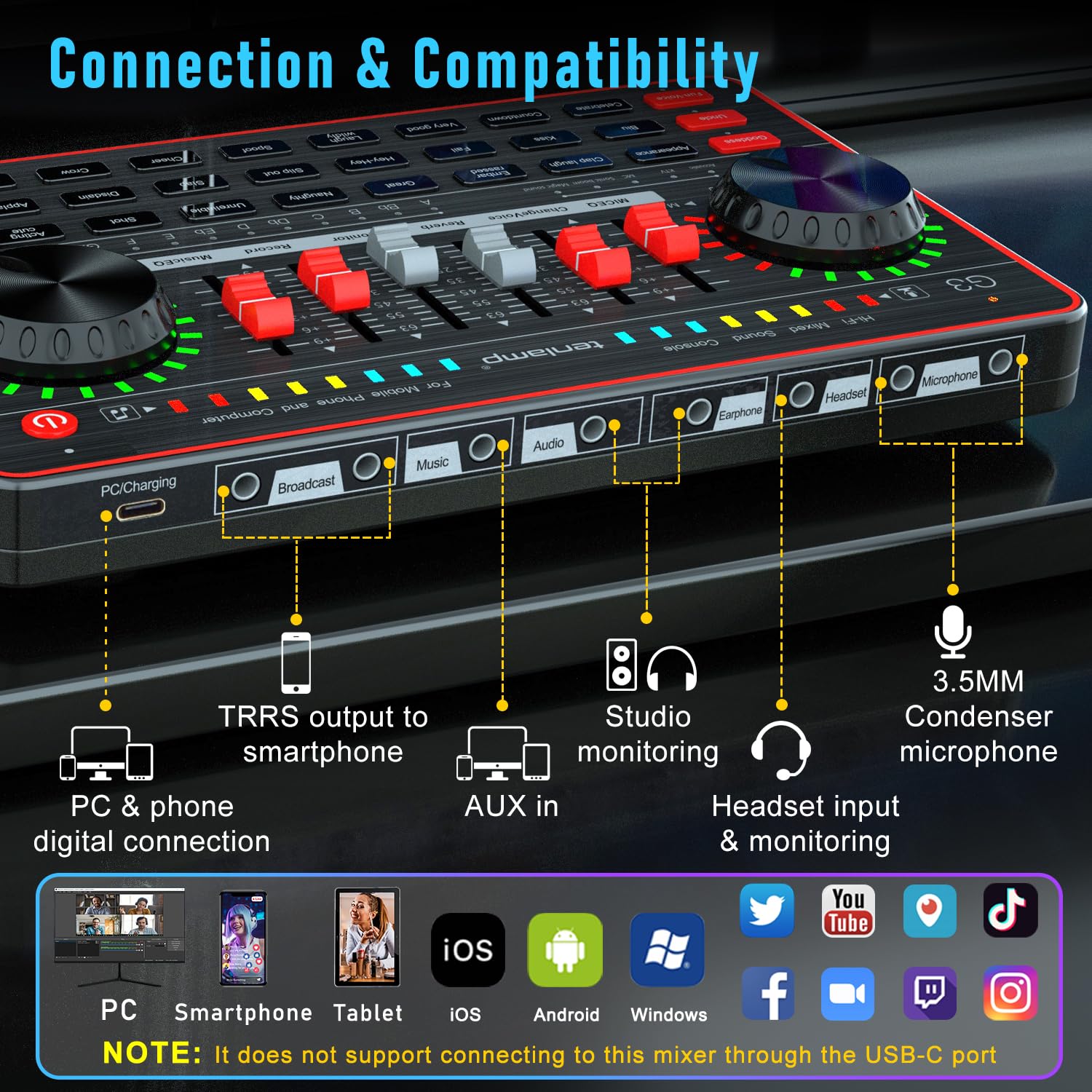Podcast Microphone Sound Card Kit,Professional Studio Condenser Mic&G3 Live Sound Mixer/Voice Changer/Audio Interface for Streaming Recording/Singing/Tiktok/YouTube/PC