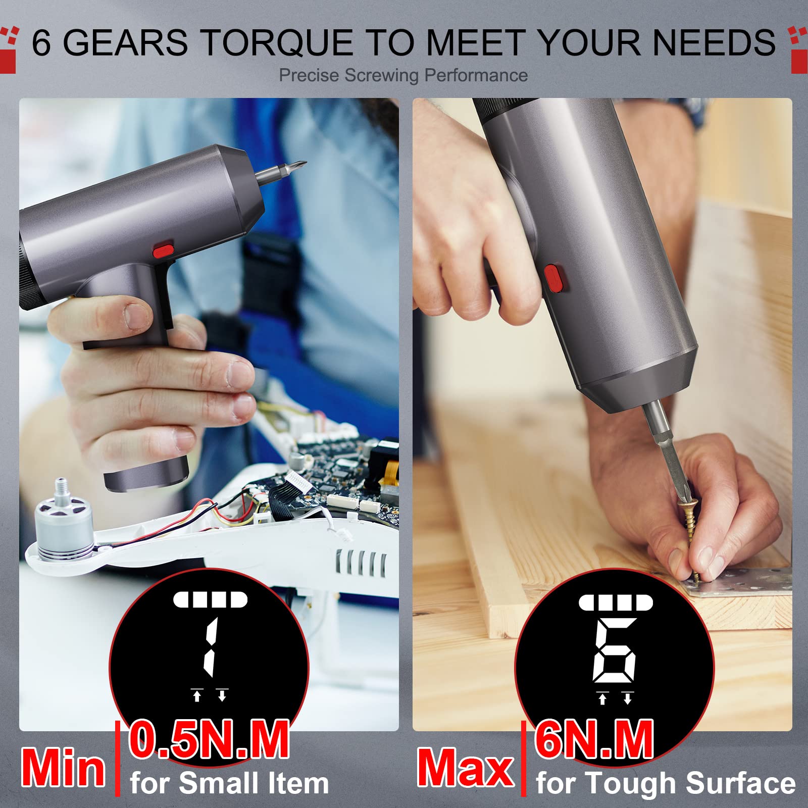 XIGMER 3.6V/4V Power Electric Screwdriver Kit 29pcs Bits, 6N.m Cordless Screwdriver Set, Rechargeable Battery 2000mah, All-in-One Design with Screen/6 Torque/6 Led Lights/USB-C Charging