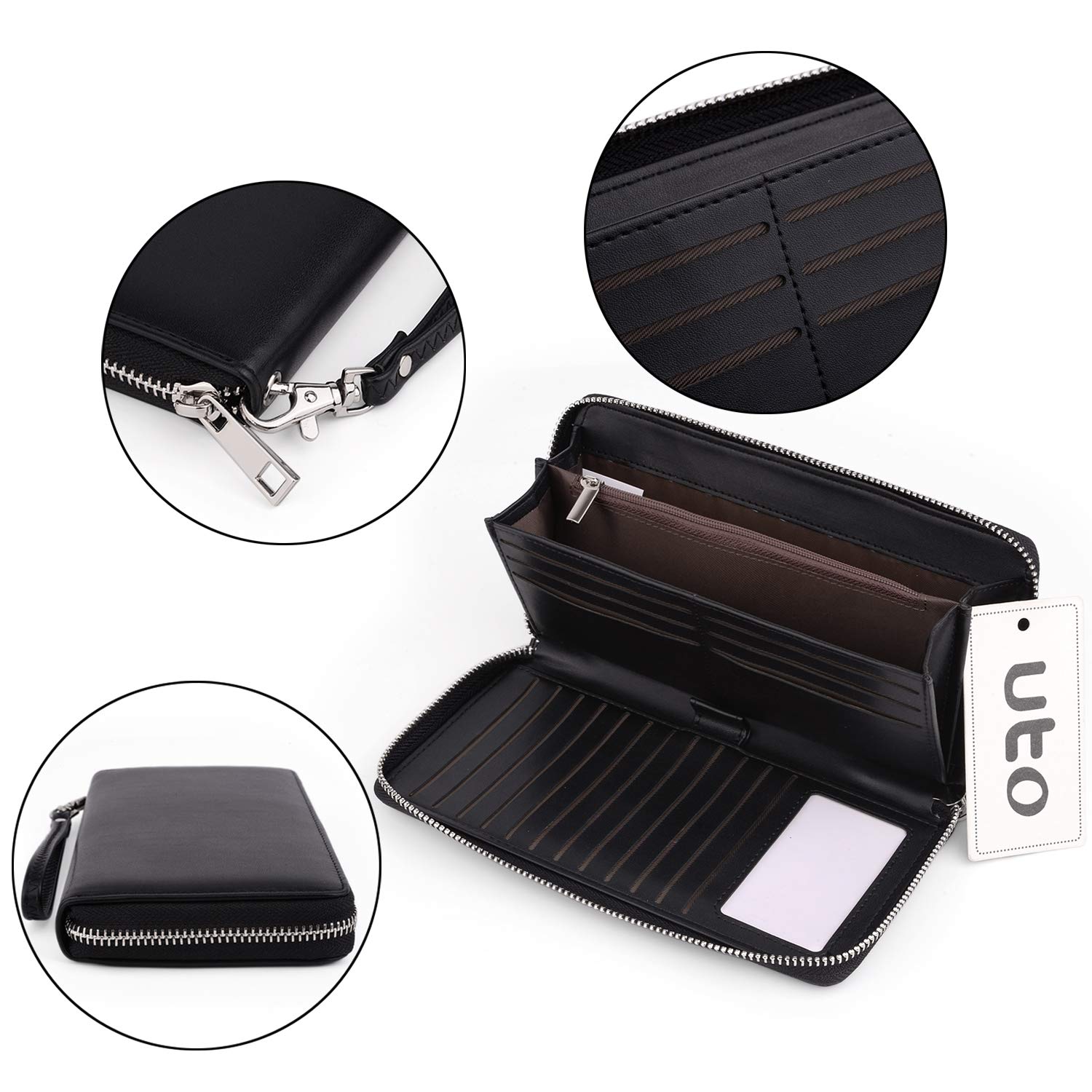 UTO Women Wallet Large Leather 2 Pcs Zip Pouch Card Holder Checkbook Passport Organizer Ladies Travel Clutch with Wristlet Black