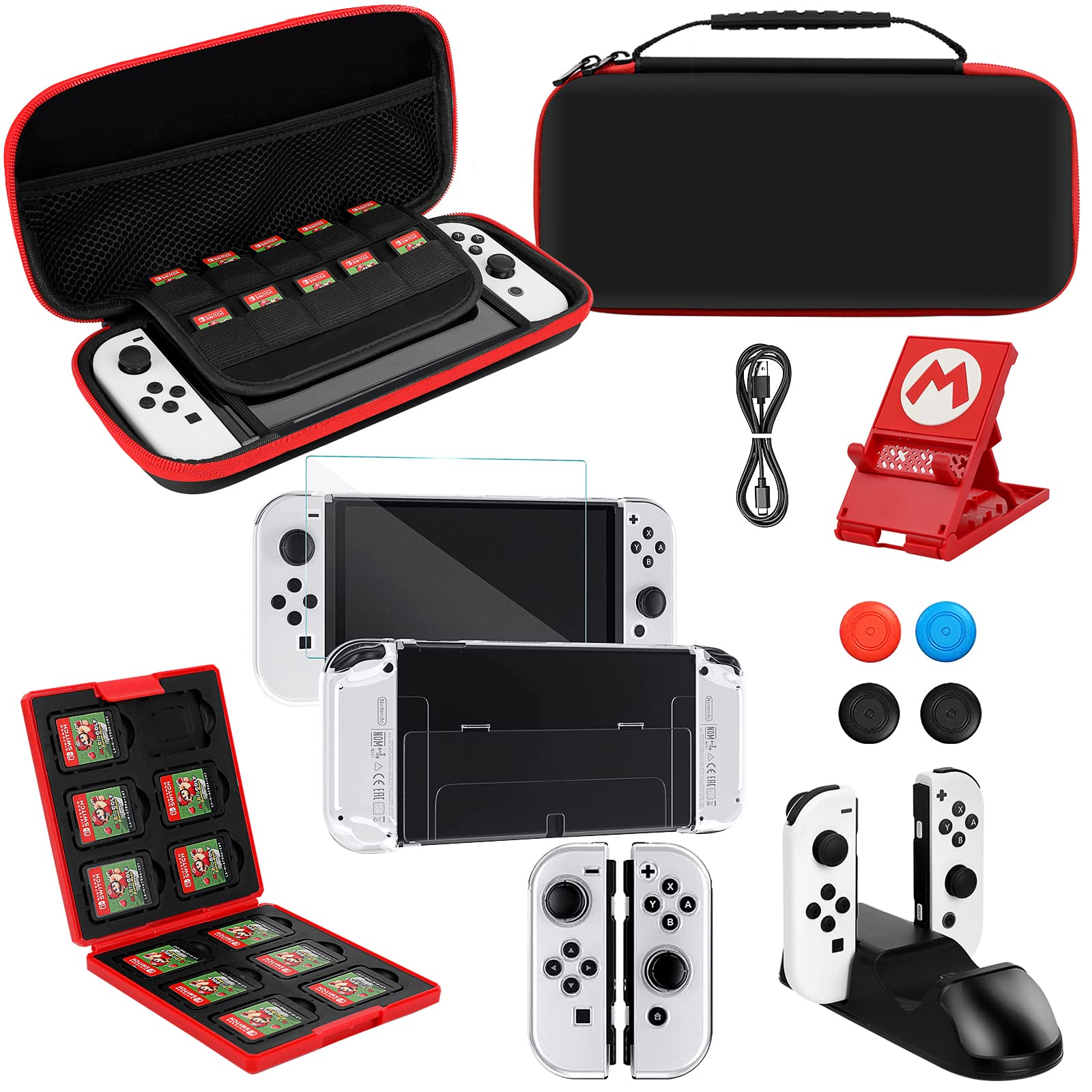 Switch OLED Accessories Bundle Kit - Transparent Case Cover, Screen Protector, Carrying Case Bag, Adjustable Stand, Game Card Case, Joycon Charging Dock for Nintendo Switch OLED Model (2021)