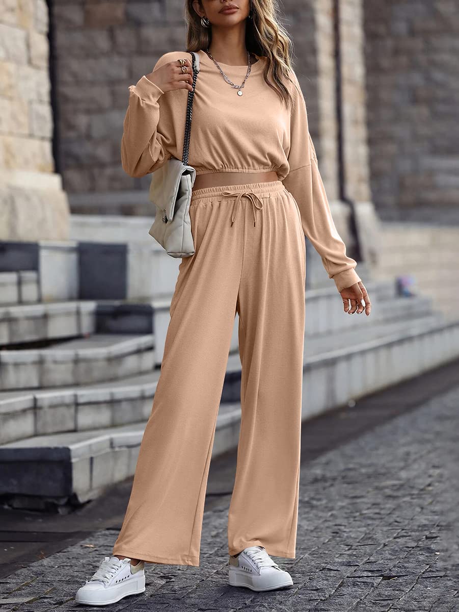 Wihion Women's 2 Piece Outfits Tracksuit Casual Long Sleeve Crop Tops and Wide Leg Pants Set Sweatsuit