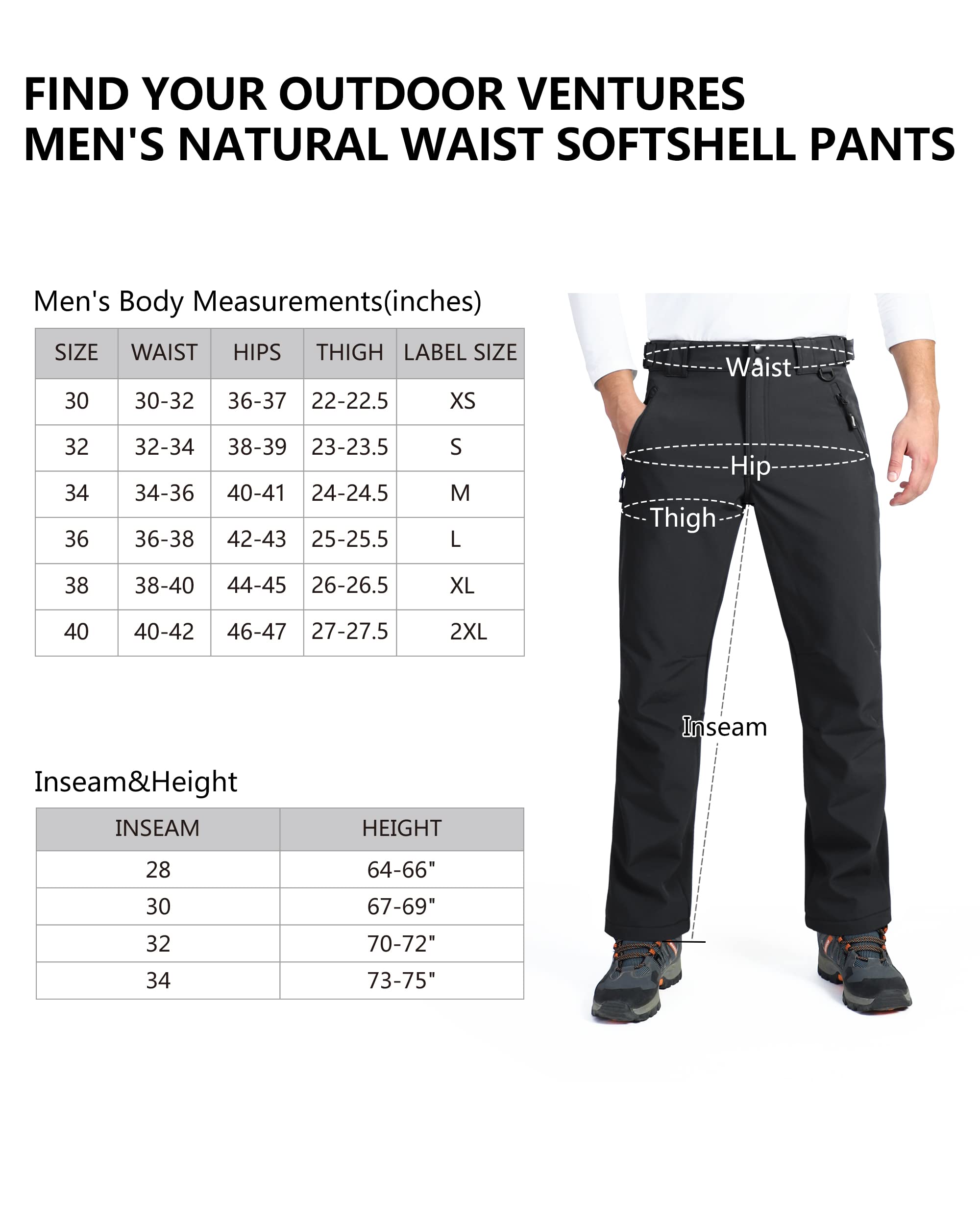 Outdoor Ventures Men's Lite Waterproof Windproof Fleece Lined Warm Hiking Ski Snow Pants Expandable-Waist