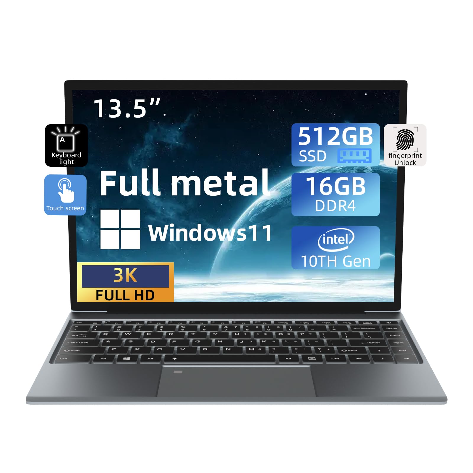 Morostron Touch Screen Laptop PC, 13.5" 3K 3000 * 2000 IPS Windows 11 Laptop Computer with N5095 Quad Core,16GB RAM 512GB SSD, Backlit Keyboard, finger print laptops, AC WiFi, full metal body