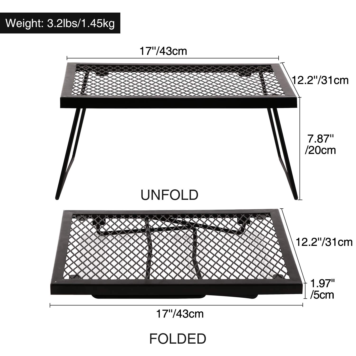 REDCAMP Folding Campfire Grill Heavy Duty Steel Grate, Portable Over Fire Camp Grill for Outdoor Open Flame Cooking, Black Large