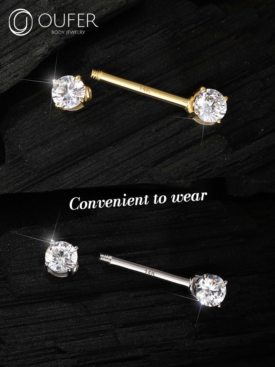 OUFER 2PCS Nipple Rings, 14K Solid Gold Nipple Piercing Jewelry, Clear CZ Nipple Piercing, 14G Nipple Barbells, Nipple Rings For Women Men