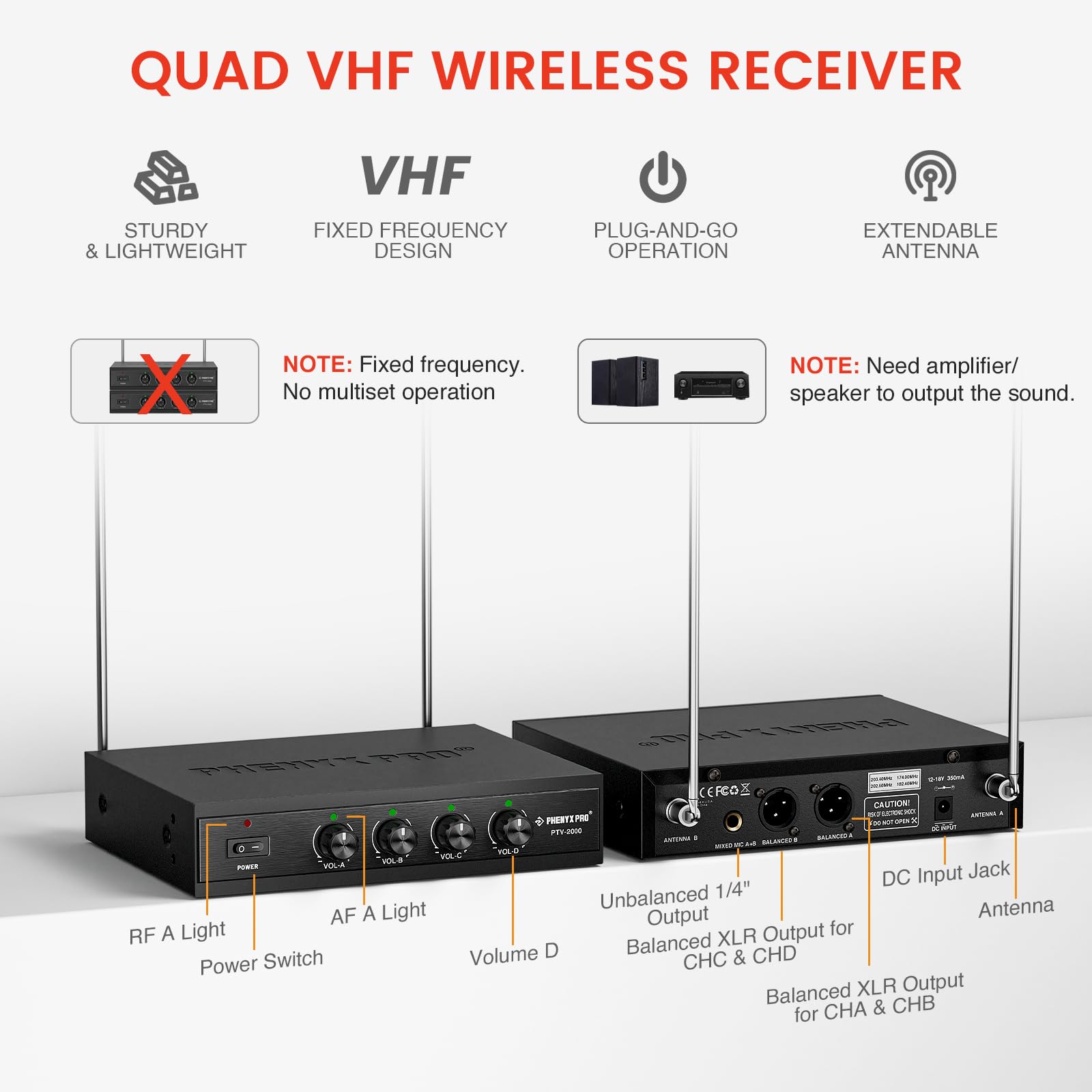 Phenyx Pro Wireless Microphone System, 4 Channel VHF Wireless Mics, w/ 4 Handheld Dynamic Microphones, Metal Receiver, Long Range, Microphone for Singing, Karaoke, Church (PTV-2000A)