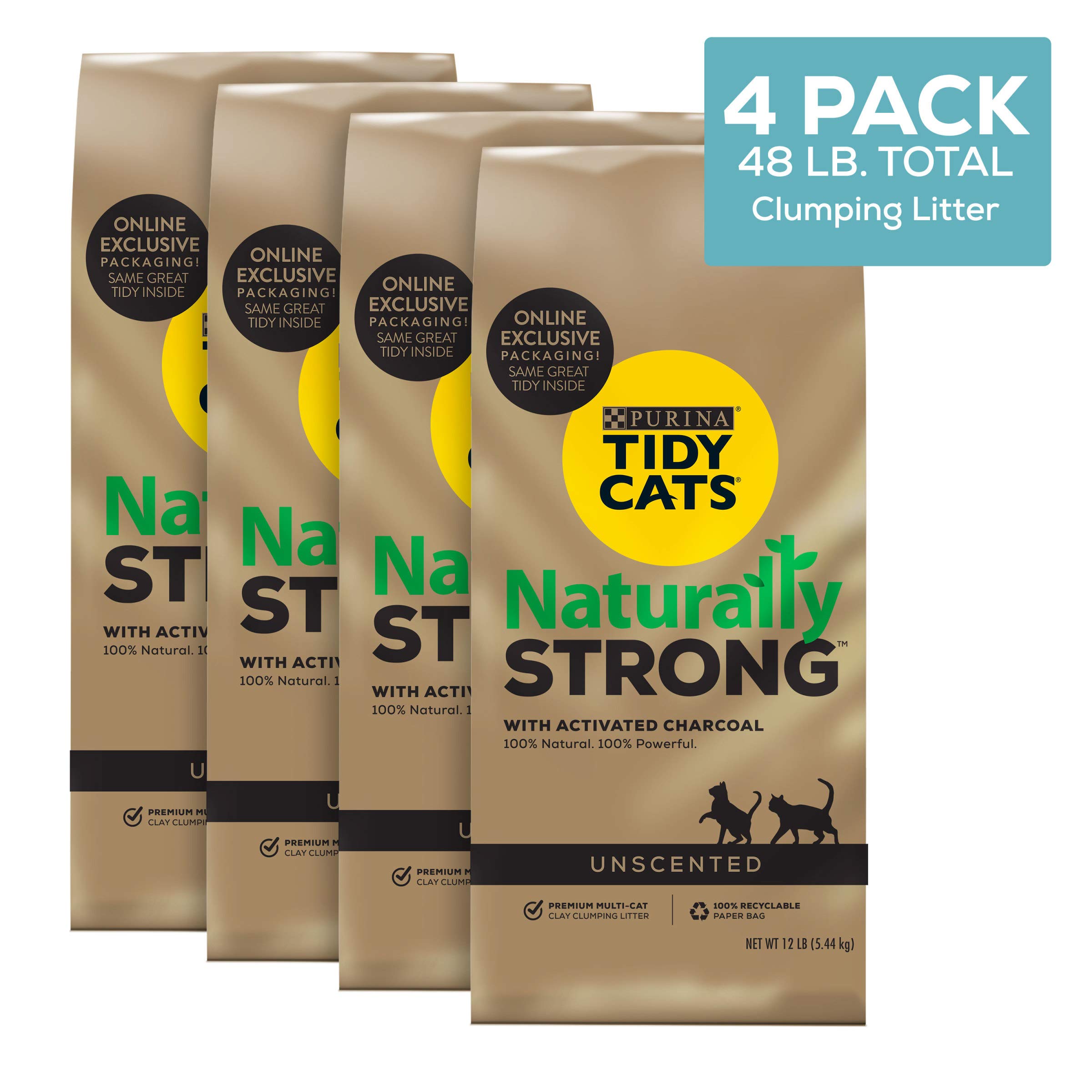 Purina Tidy Cats Unscented, Clumping, Natural Cat Litter, Naturally Strong Clay Multi Cat Litter - (4) 12 lb. Bags