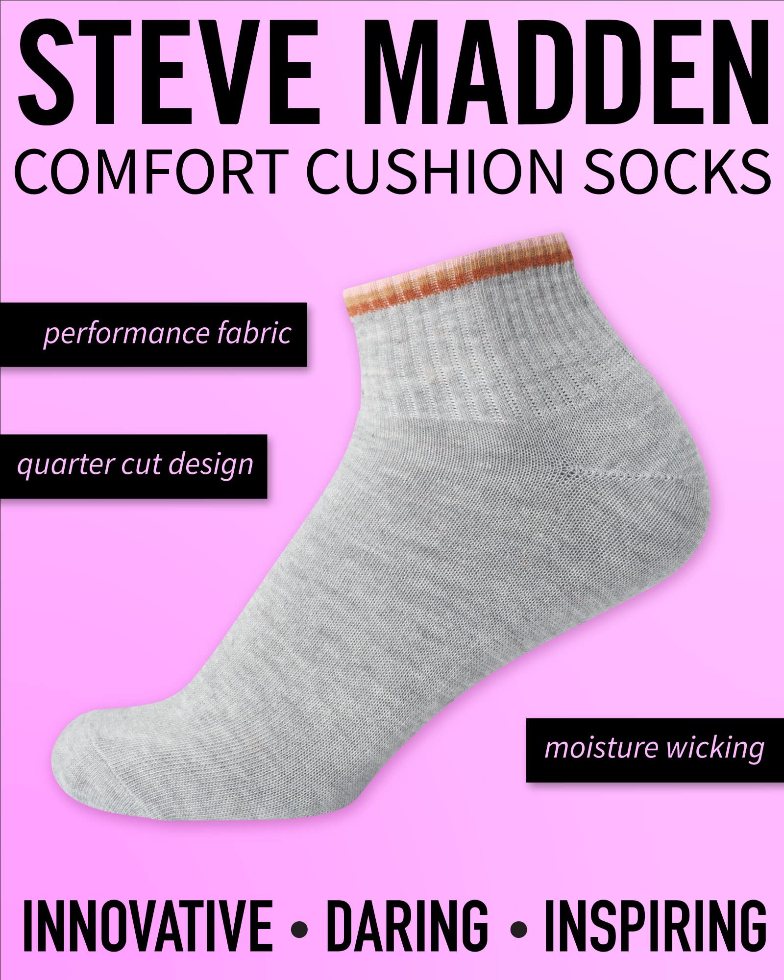 Steve Madden Women’s Socks – 6 Pack Athletic Socks for Women – Performance Cushion Quarter Cut Running Socks, Size 9/11, Pink/Black/Grey Stripe